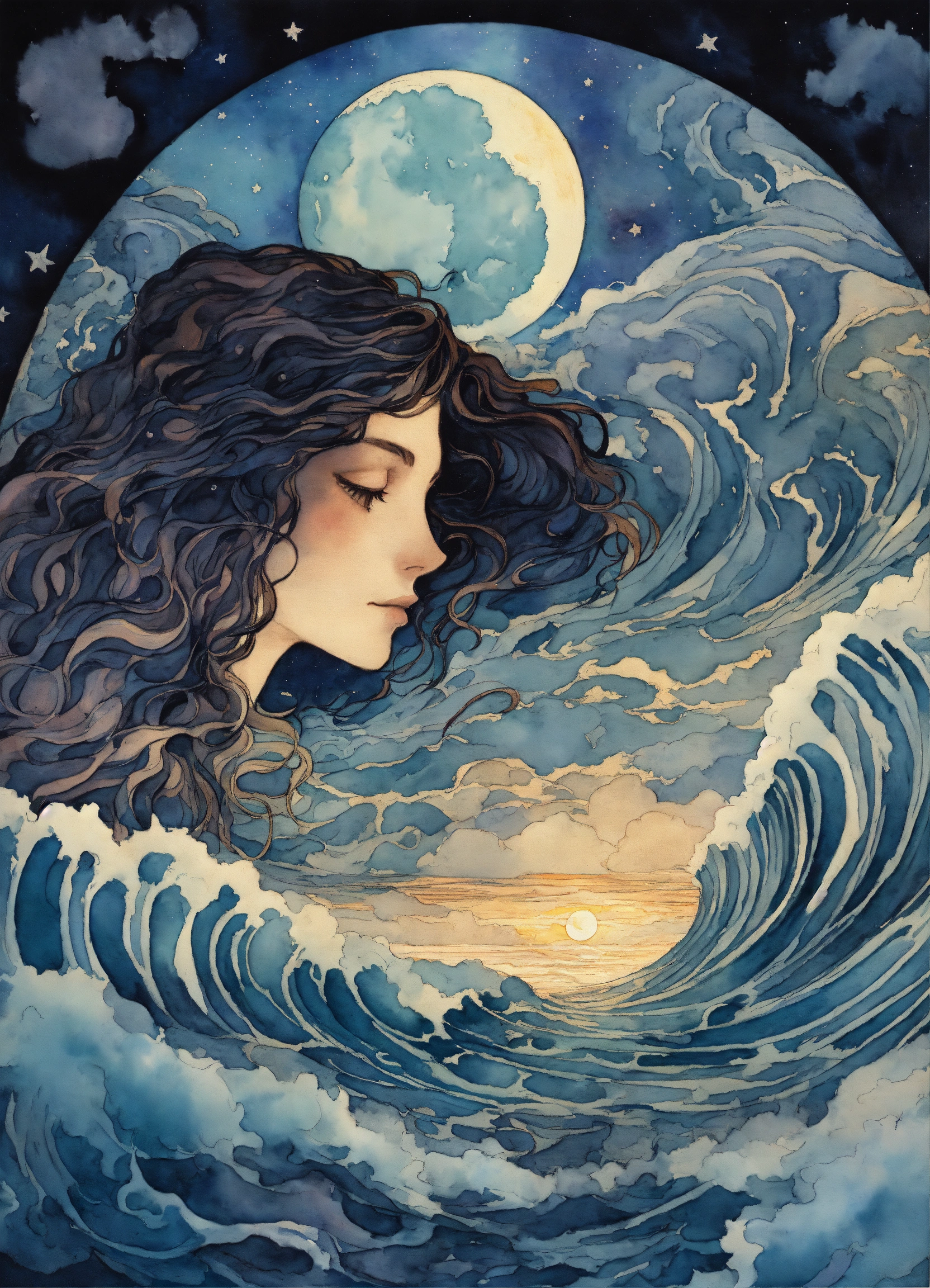 Lexica - Silhouettes of a face in waves tessellation. a dark sea ...