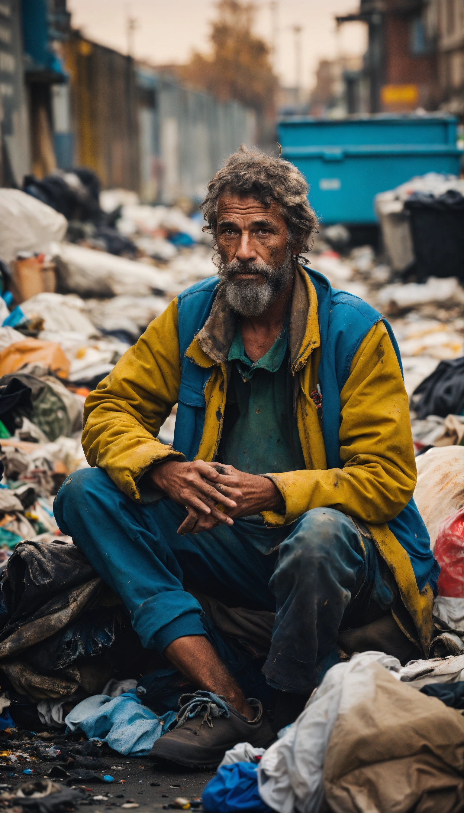Lexica - A homeless man in tattered dirty clothes sits on a rubbish ...