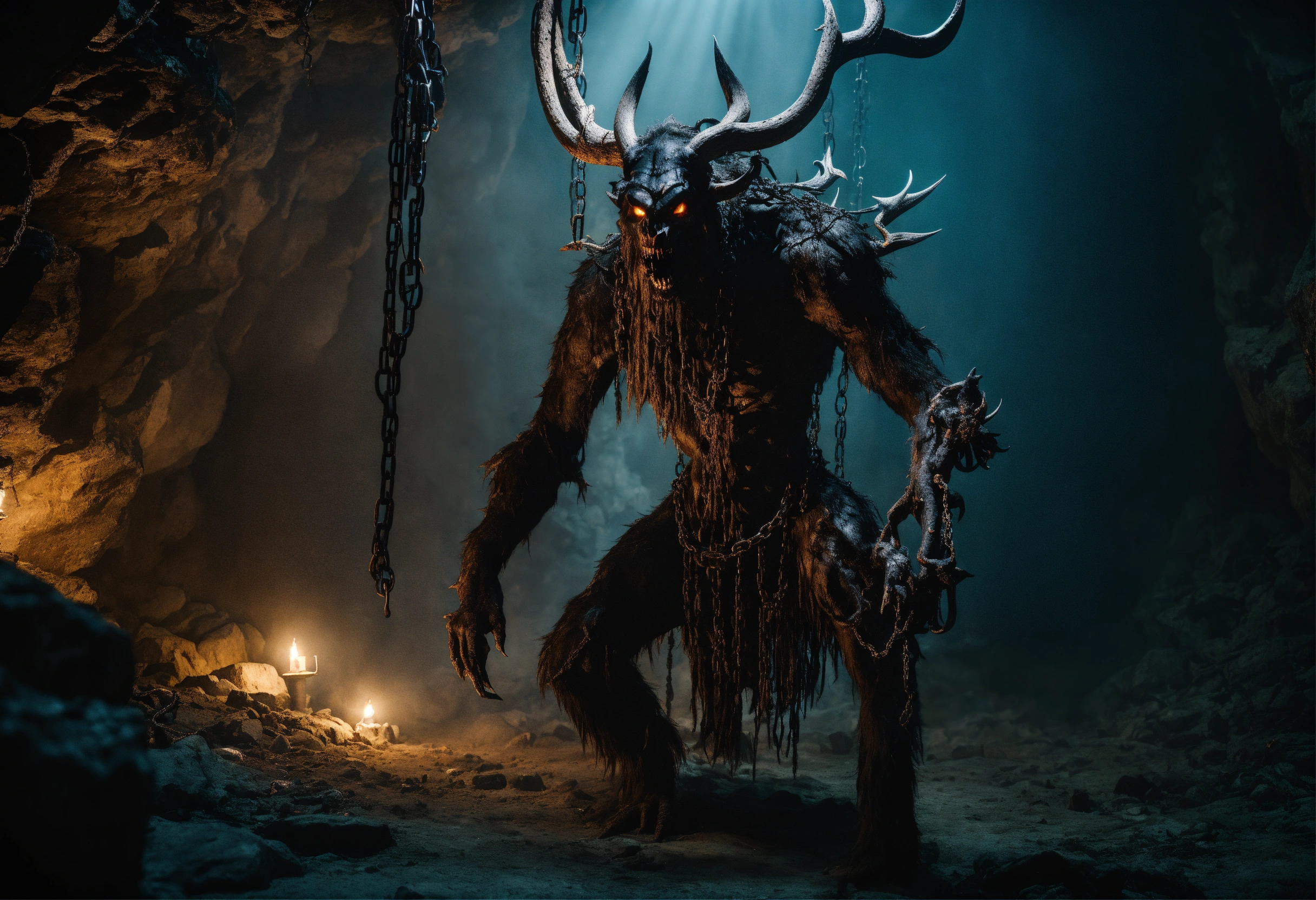Lexica - Wendigo monster in A scary dark, deep cave with many chains ...