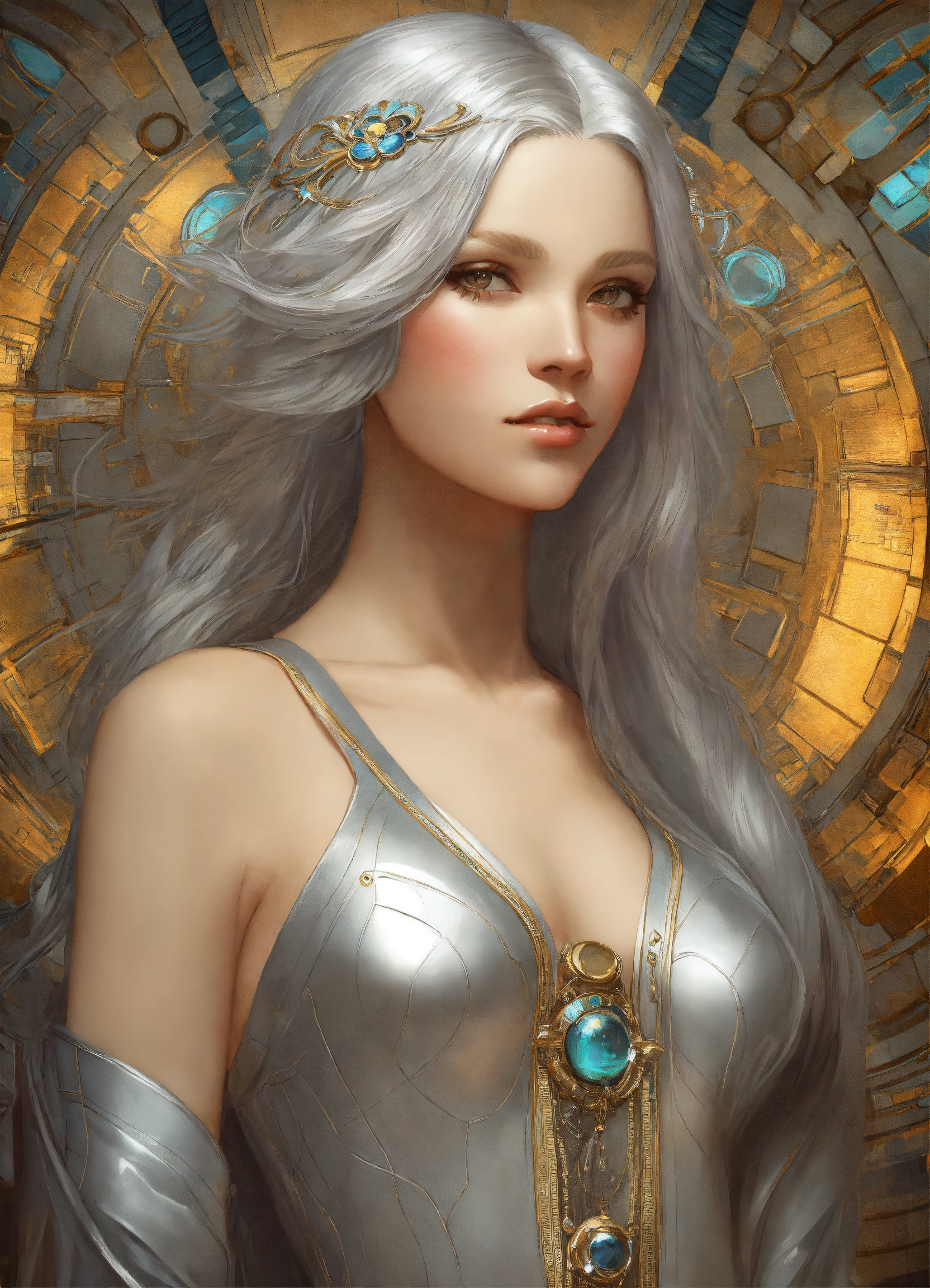 Lexica - Silver-haired, long hair, female, futuristic, hermaphrodite, mucha, detailed ...