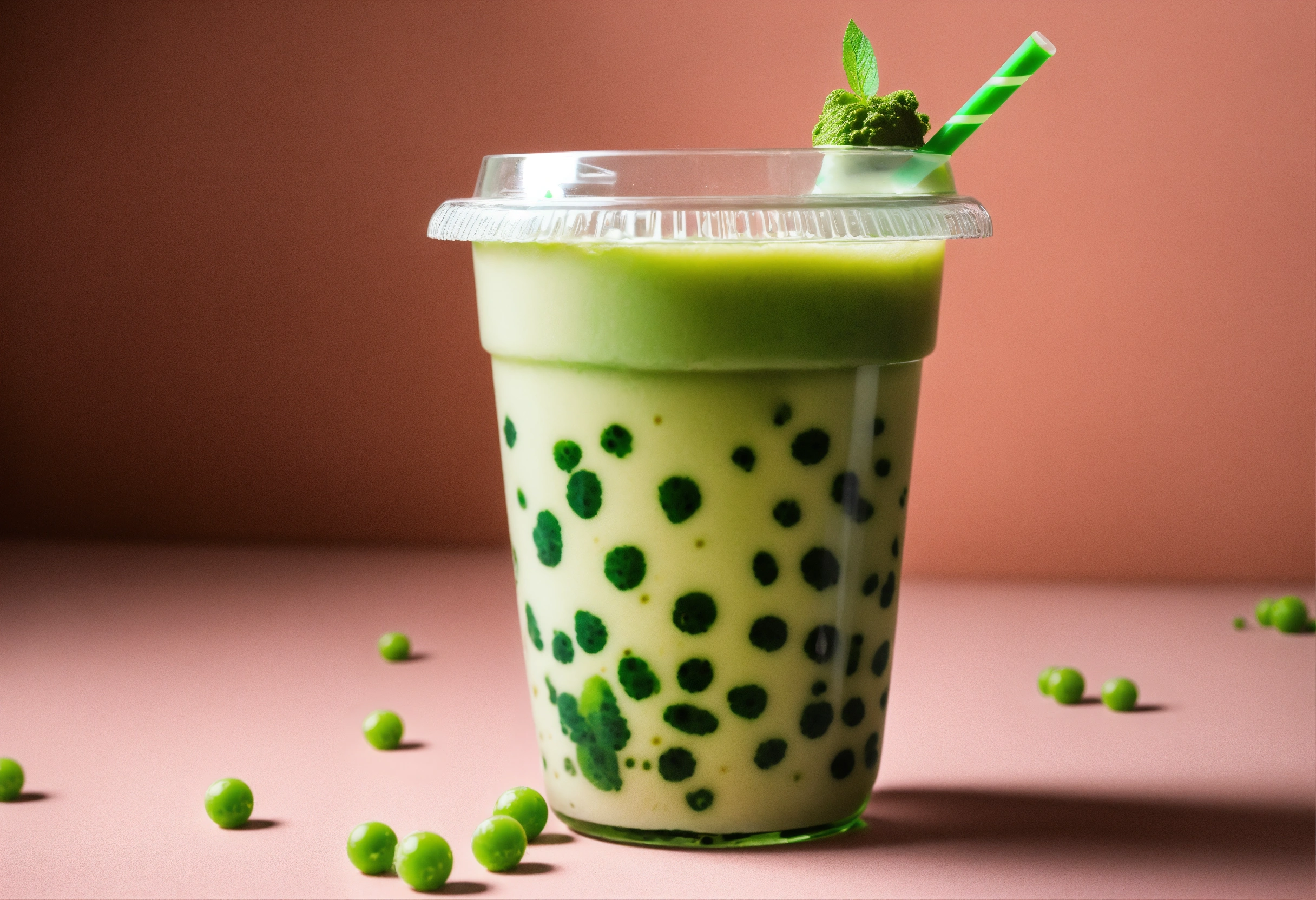 Lexica - Floating green boba tea. A lot of bobas. Stickers on cup ...