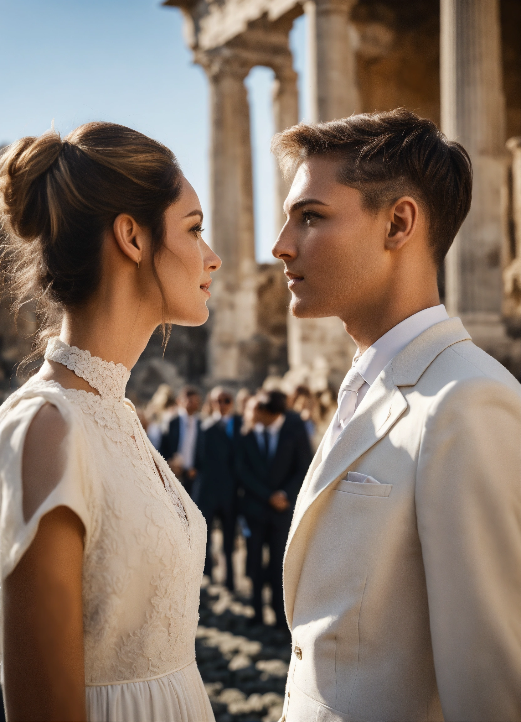 Lexica - Photo of two models, one man in white suit , one women in ...