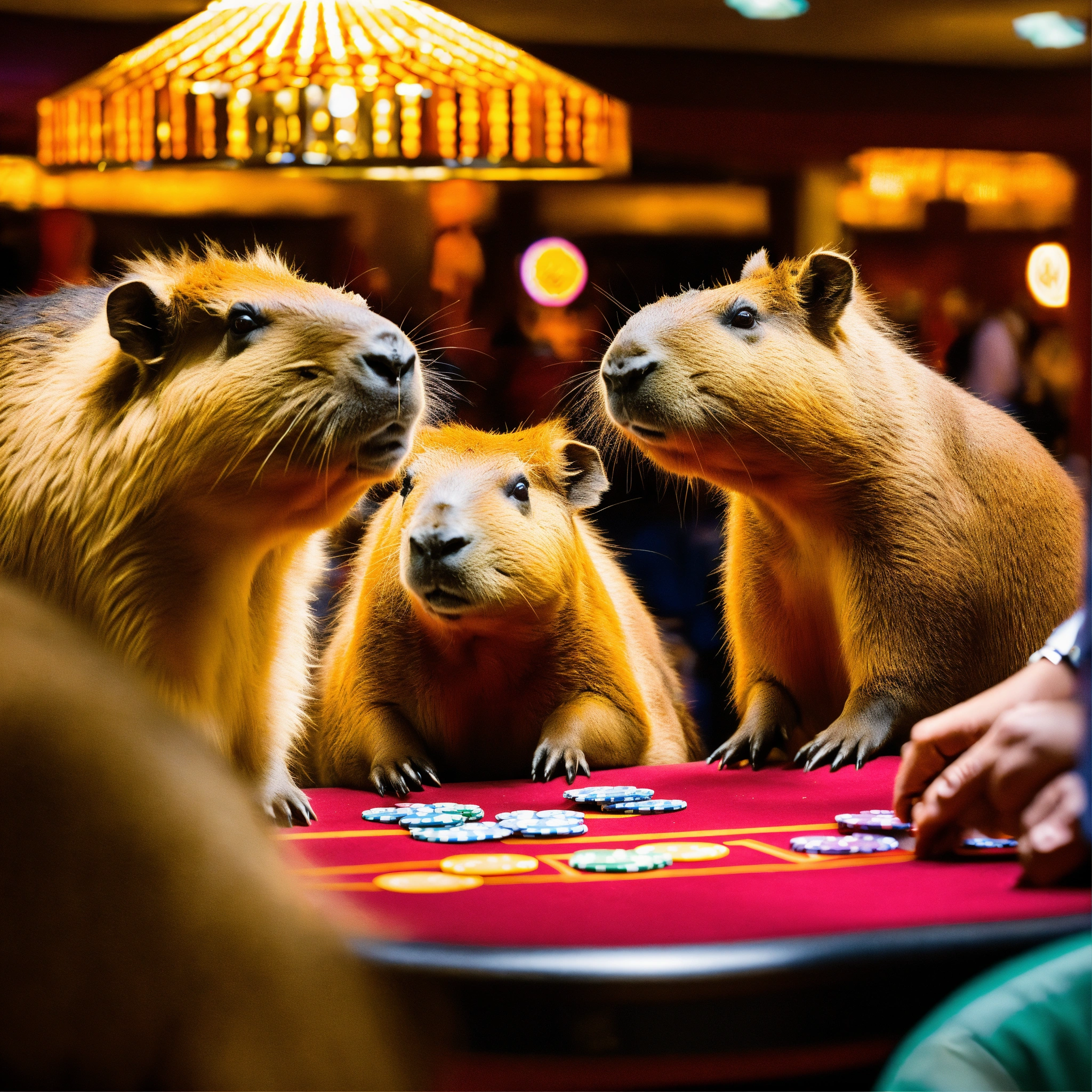 Lexica - Photo of a group of capybaras playing cards in a casino in Las ...