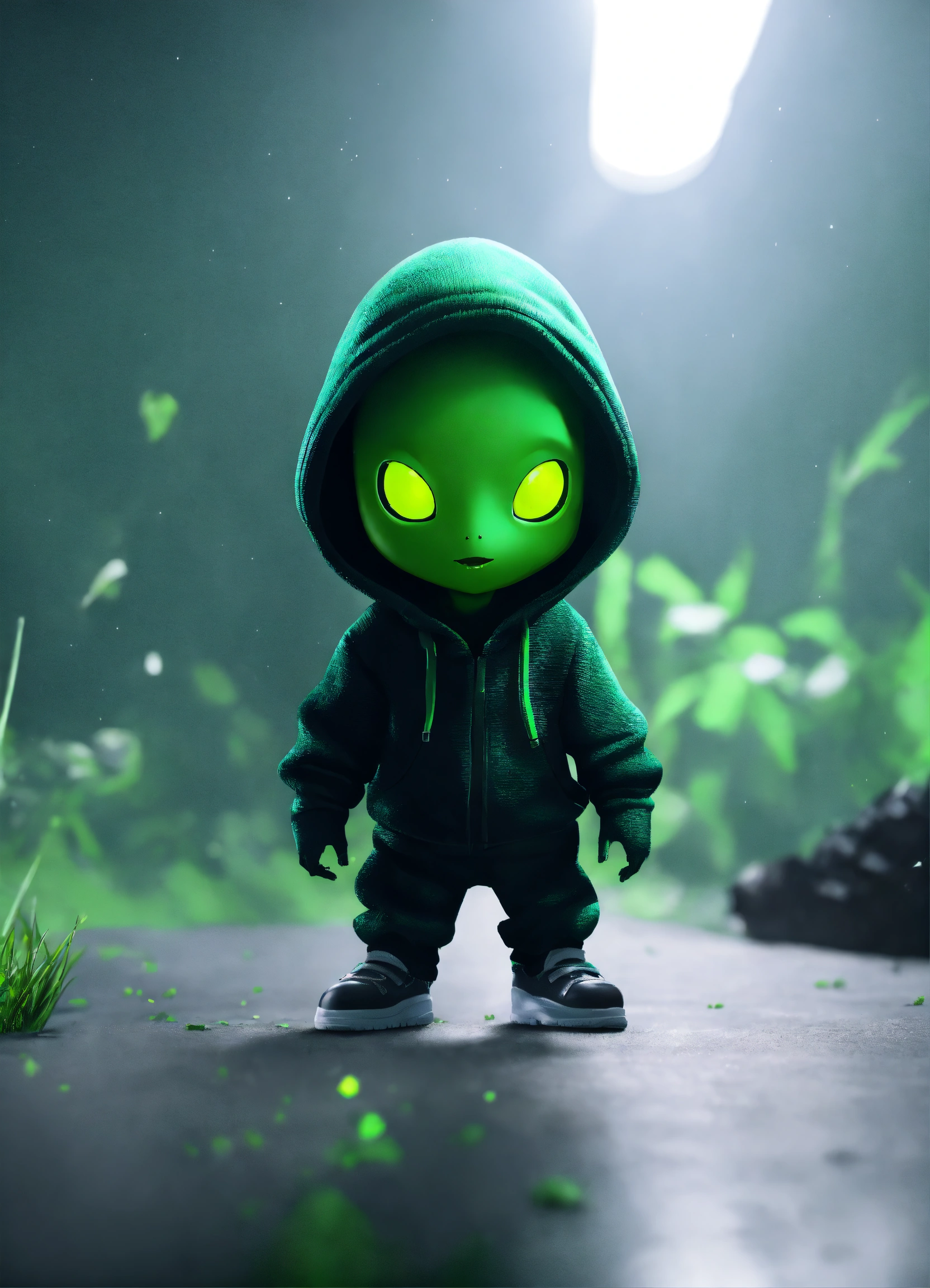 Lexica - A cute little green alien with a black hoodie falling into the ...