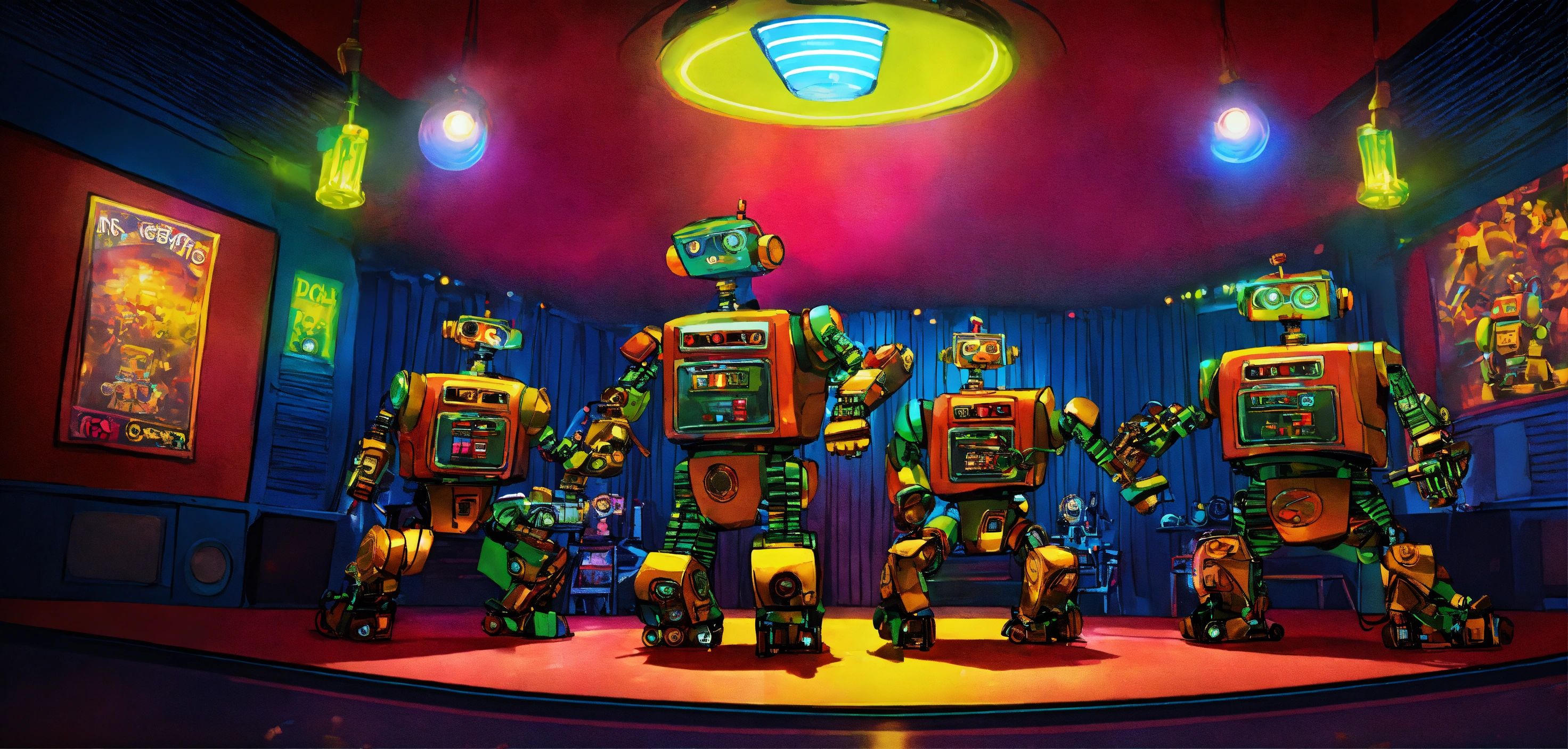 Lexica - Album cover. a group portrait of 3 robots on stage dancing at ...