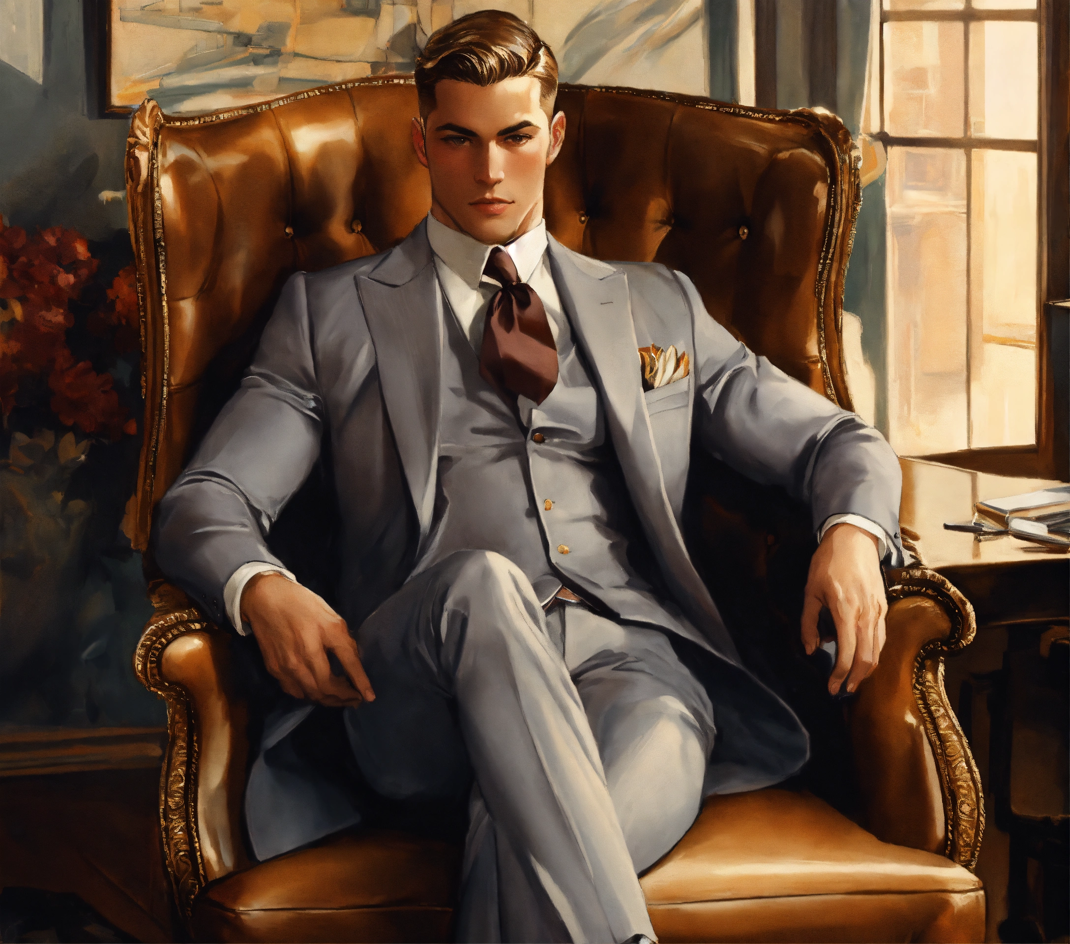 Lexica - A muscular male Ceo in grey vested suit, club tie, seating on ...