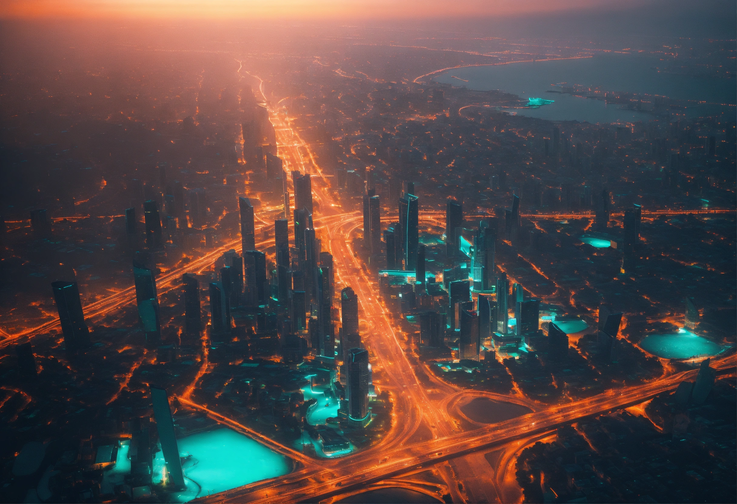 Lexica - Ultra realistic aerial view of a sunset lit teal colored ...