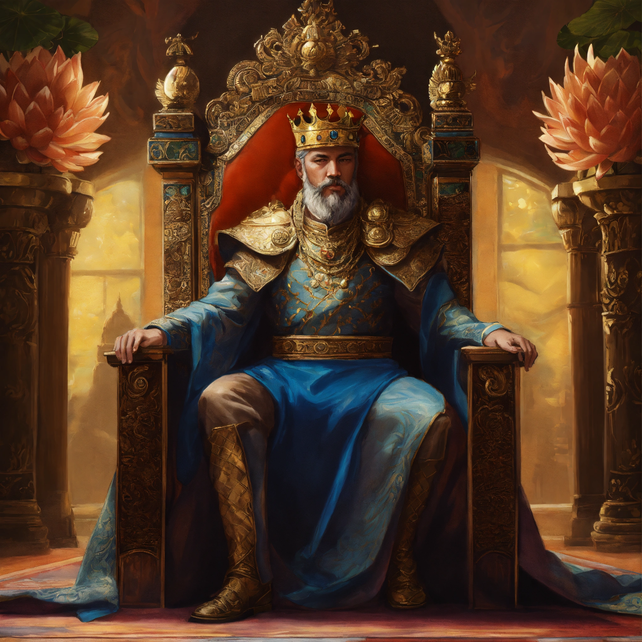 Lexica - Realistic drawing, king sitting on his throne, lotus in the ...