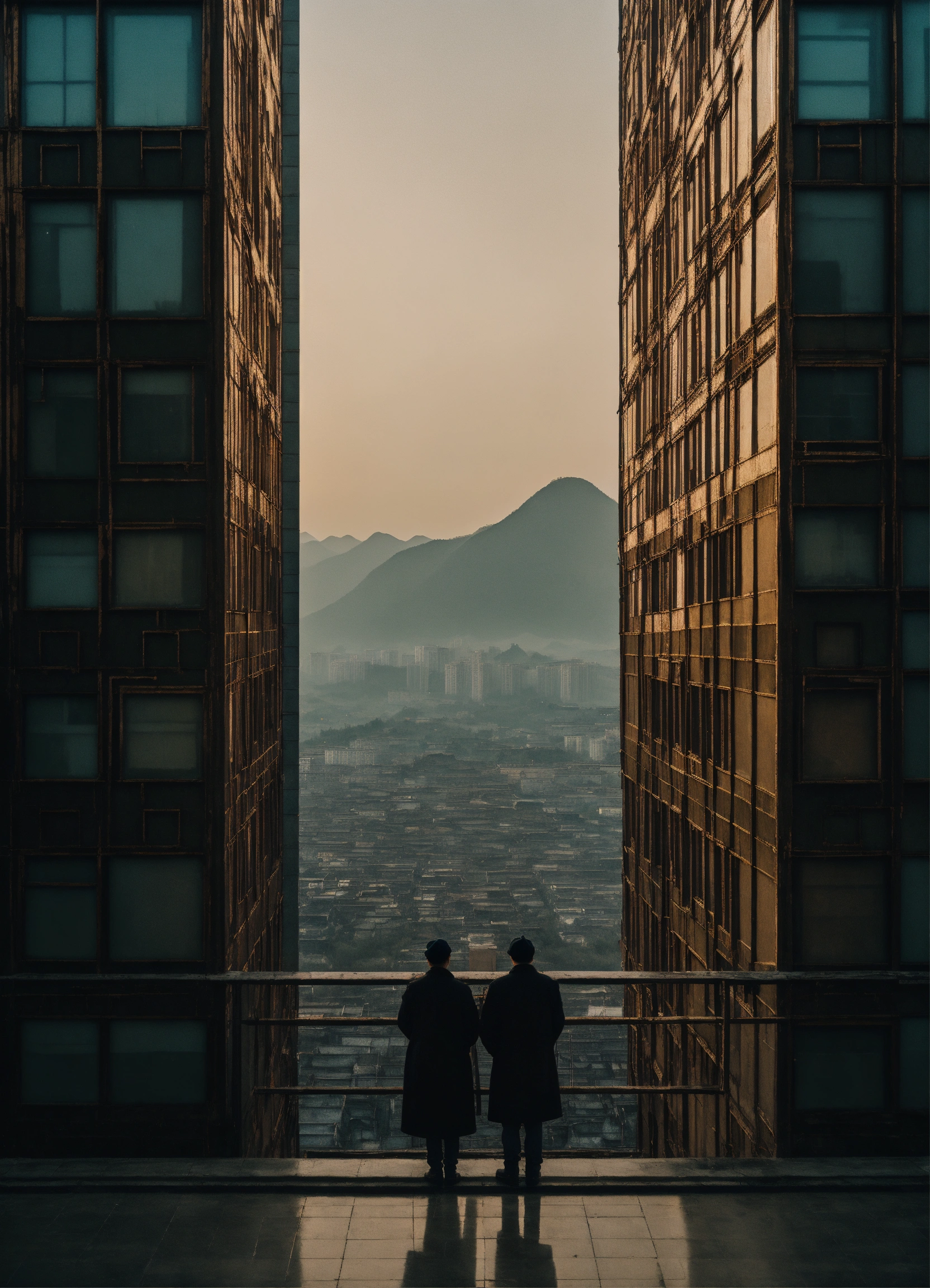 Lexica - Some people look over tall building windows, in the style of ...