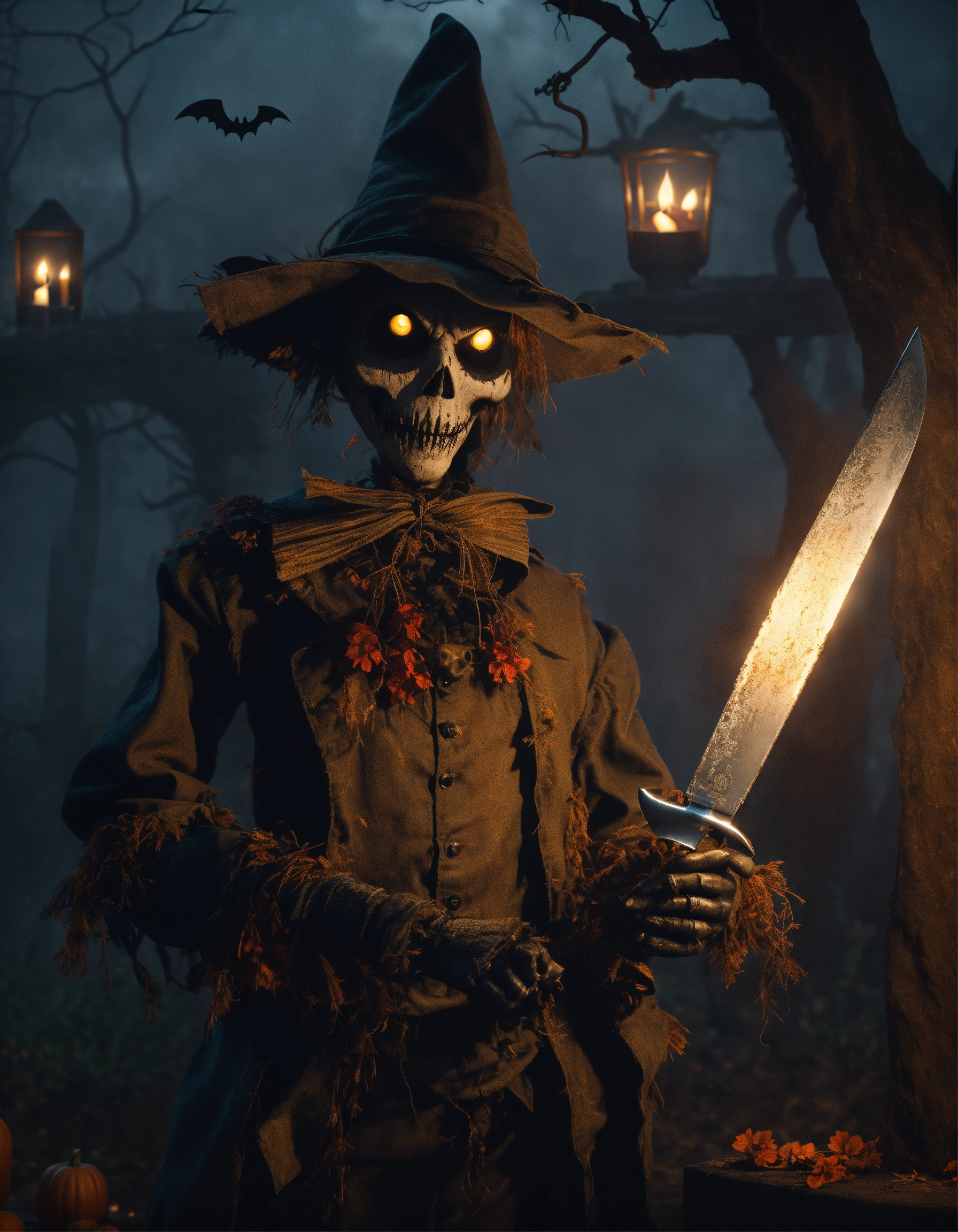 Lexica - A very scary scarecrow holding a large knife, Halloween, night ...