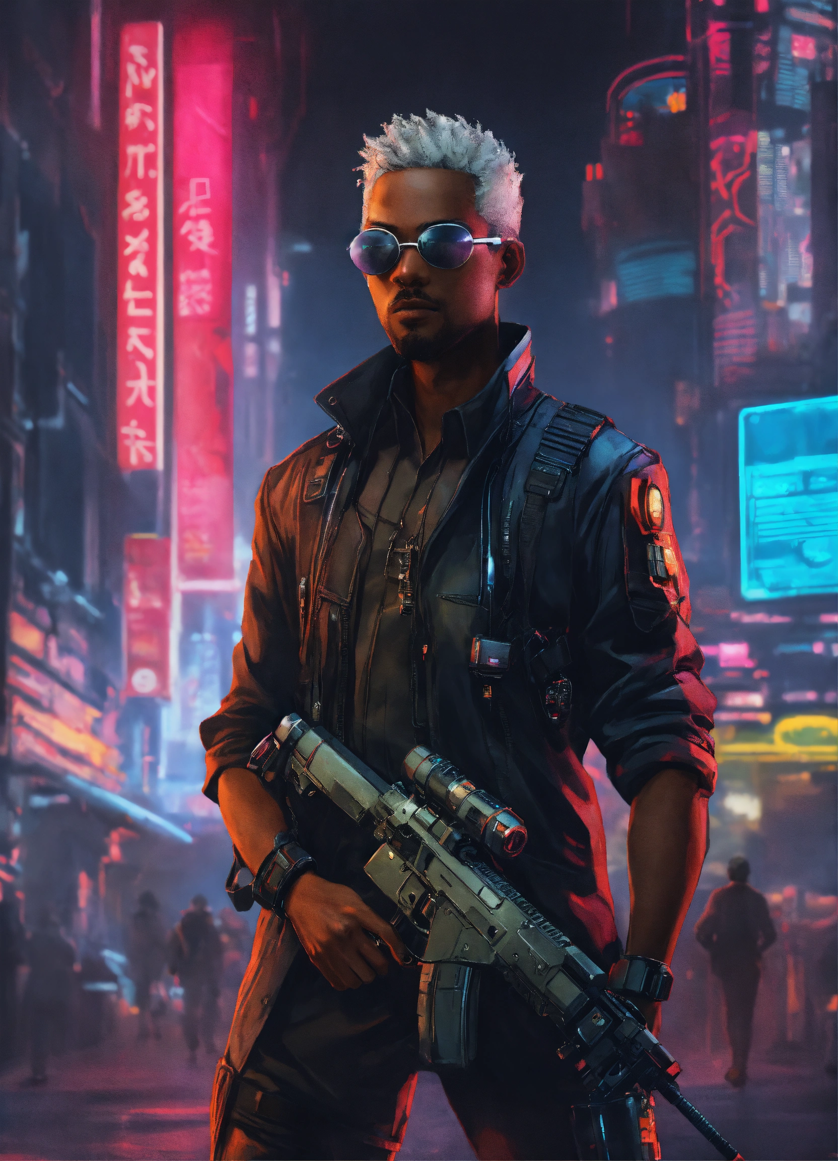 Lexica - A black secret agent with grey hair and cybernetic eyes in a ...