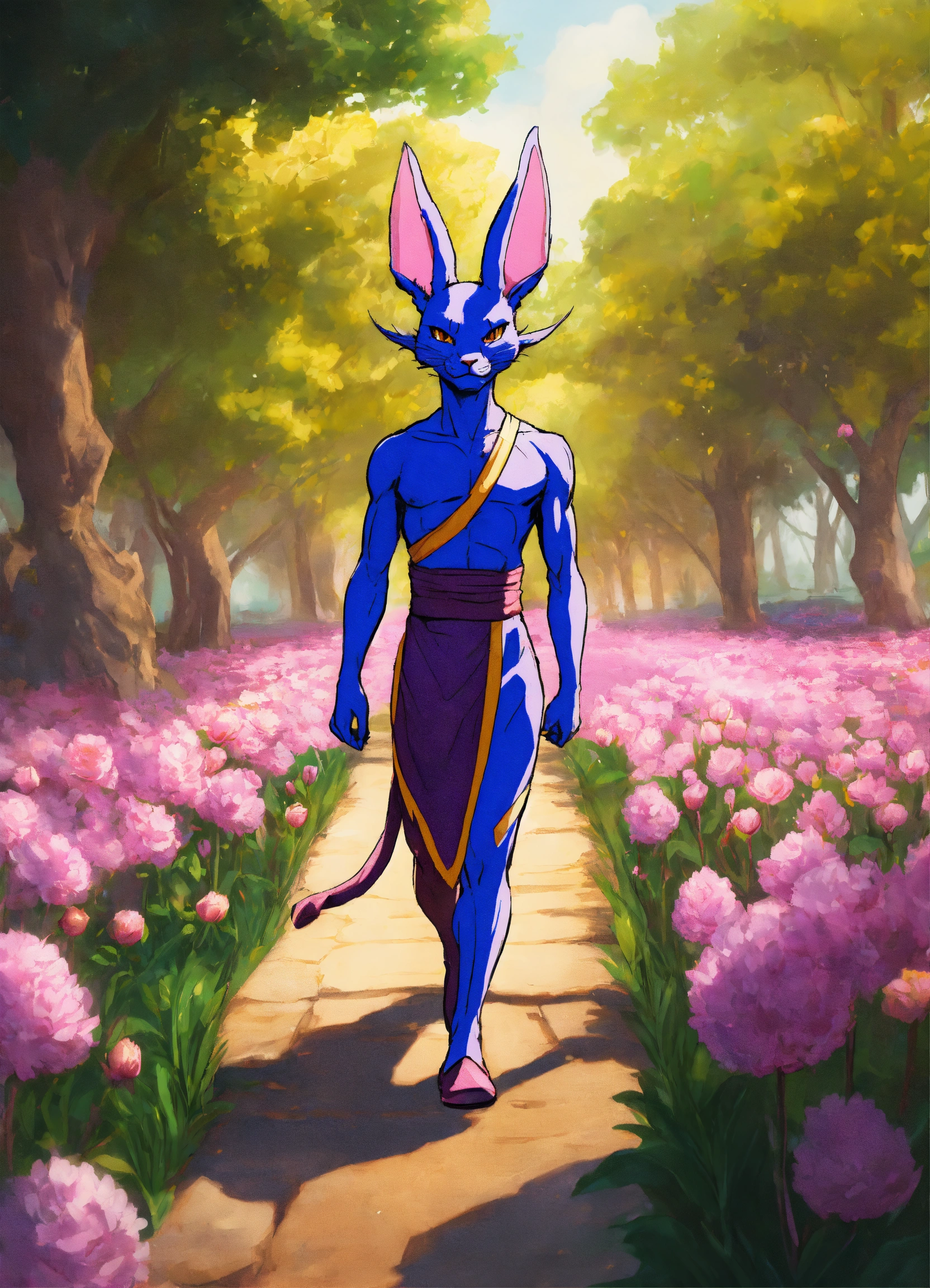 Lexica - Realistic lord beerus walking into flowers