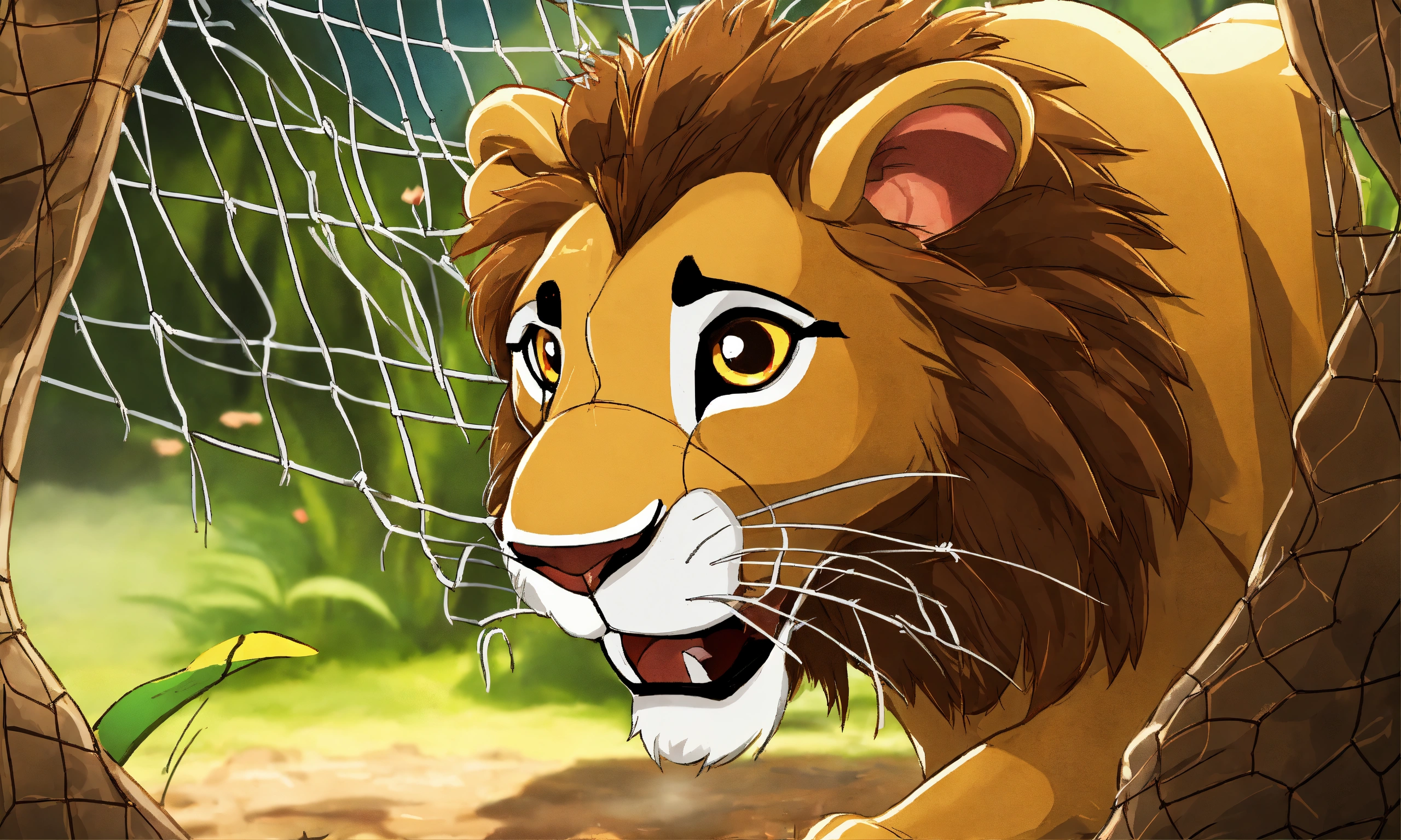 Lexica - Cartoon lion trapped in net , net hung to tree, mouse teeth ...