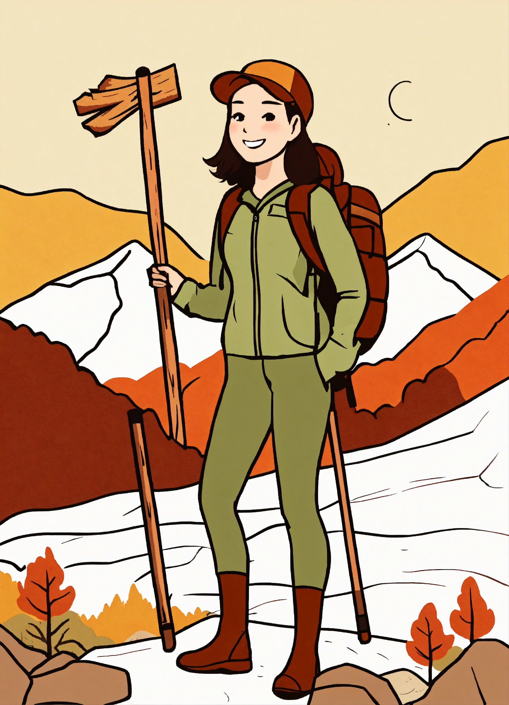 Lexica - Cute female hiker, with wooden hiking stick, in autumn and ...