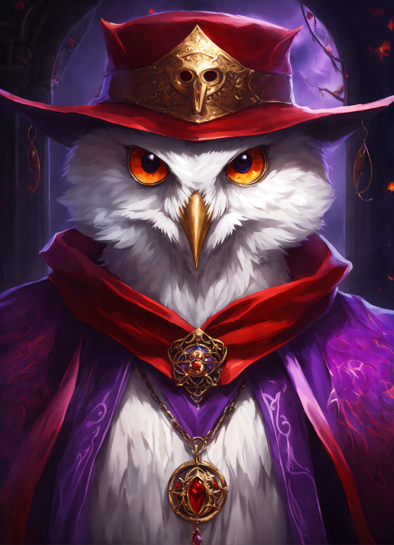 Lexica - Fantasy Portrait of a owlin sorcerer, white face, evil red ...