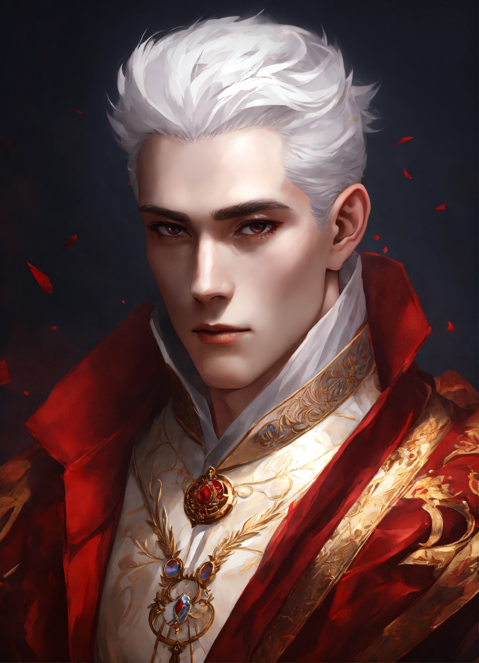 Lexica - A pale male, thin face, paper white skin, white hair with red ...