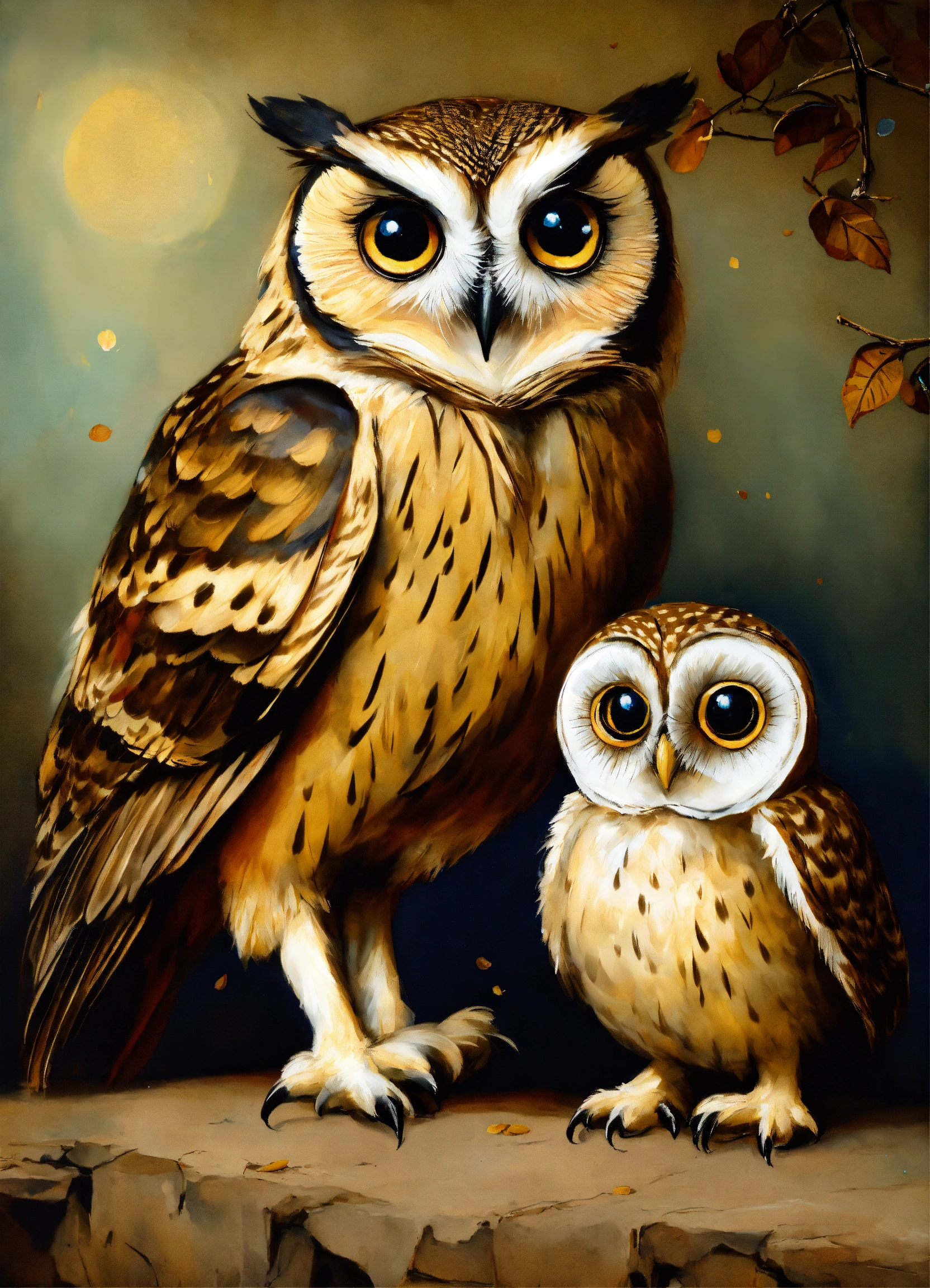 Lexica - Portrait of a small and a large owl, the small owl crying with ...