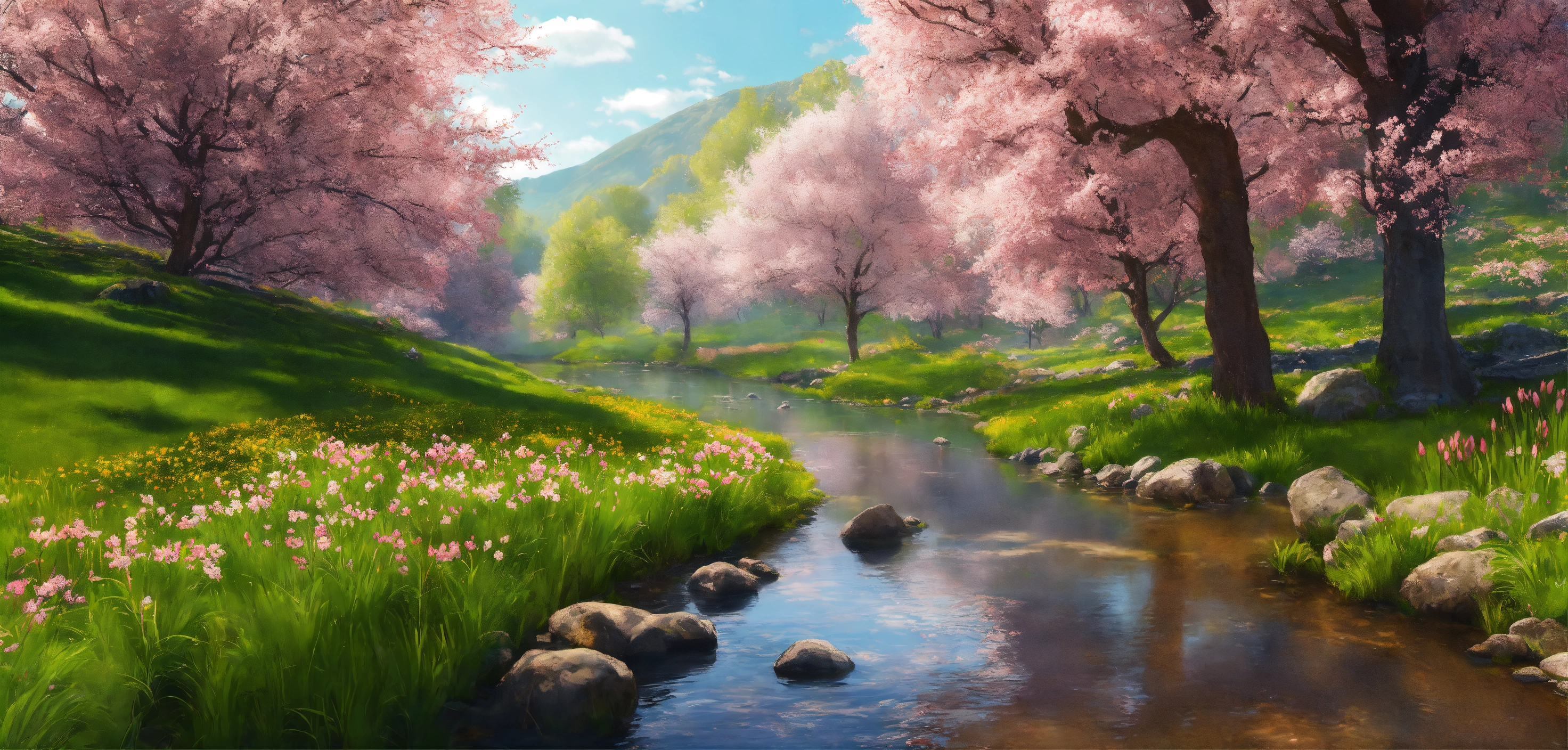 Lexica - A serene and majestic spring landscape with blossoming trees ...