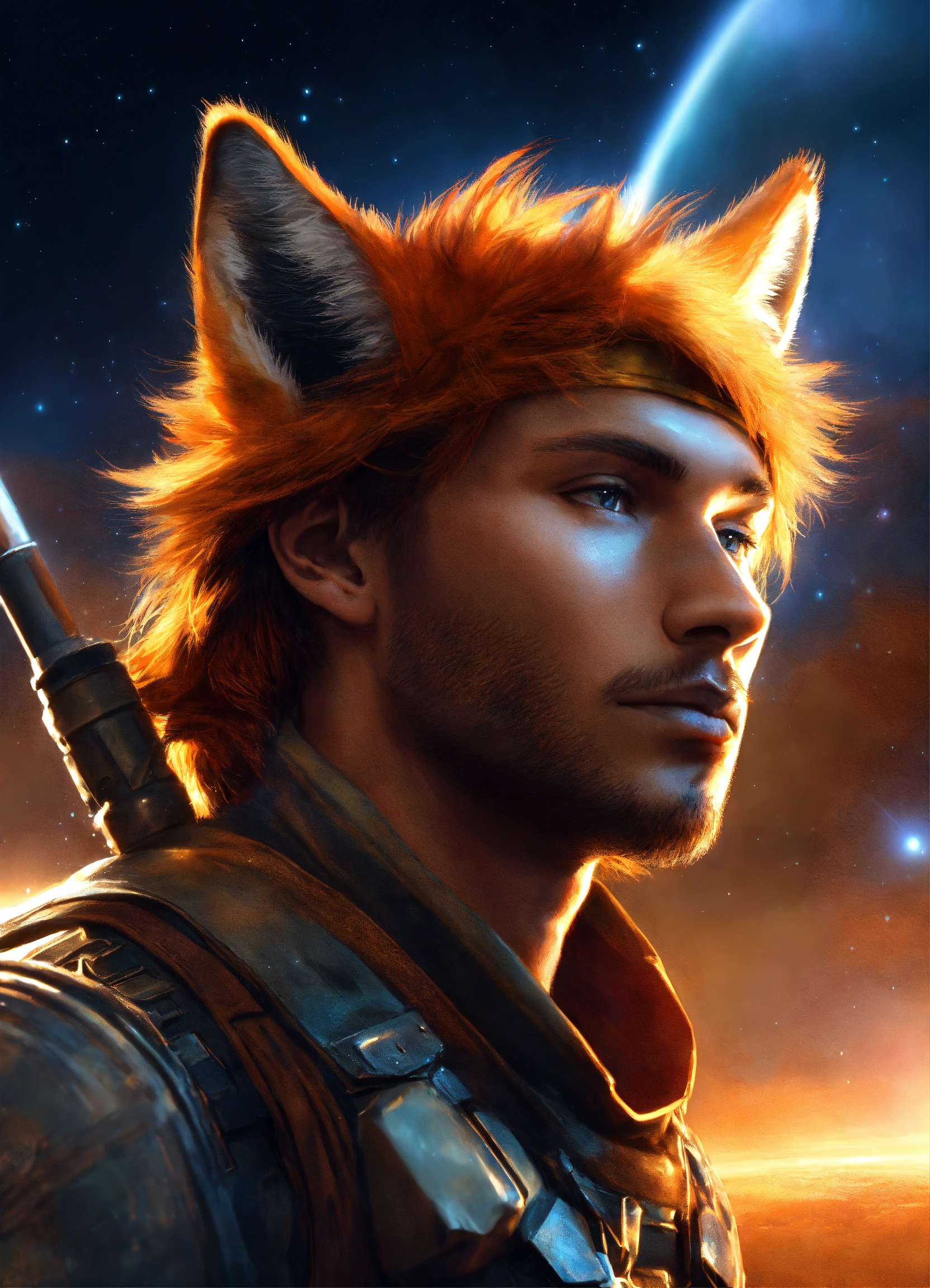 Lexica - Male galactic warrior with a fox-like snout embracing a human ...