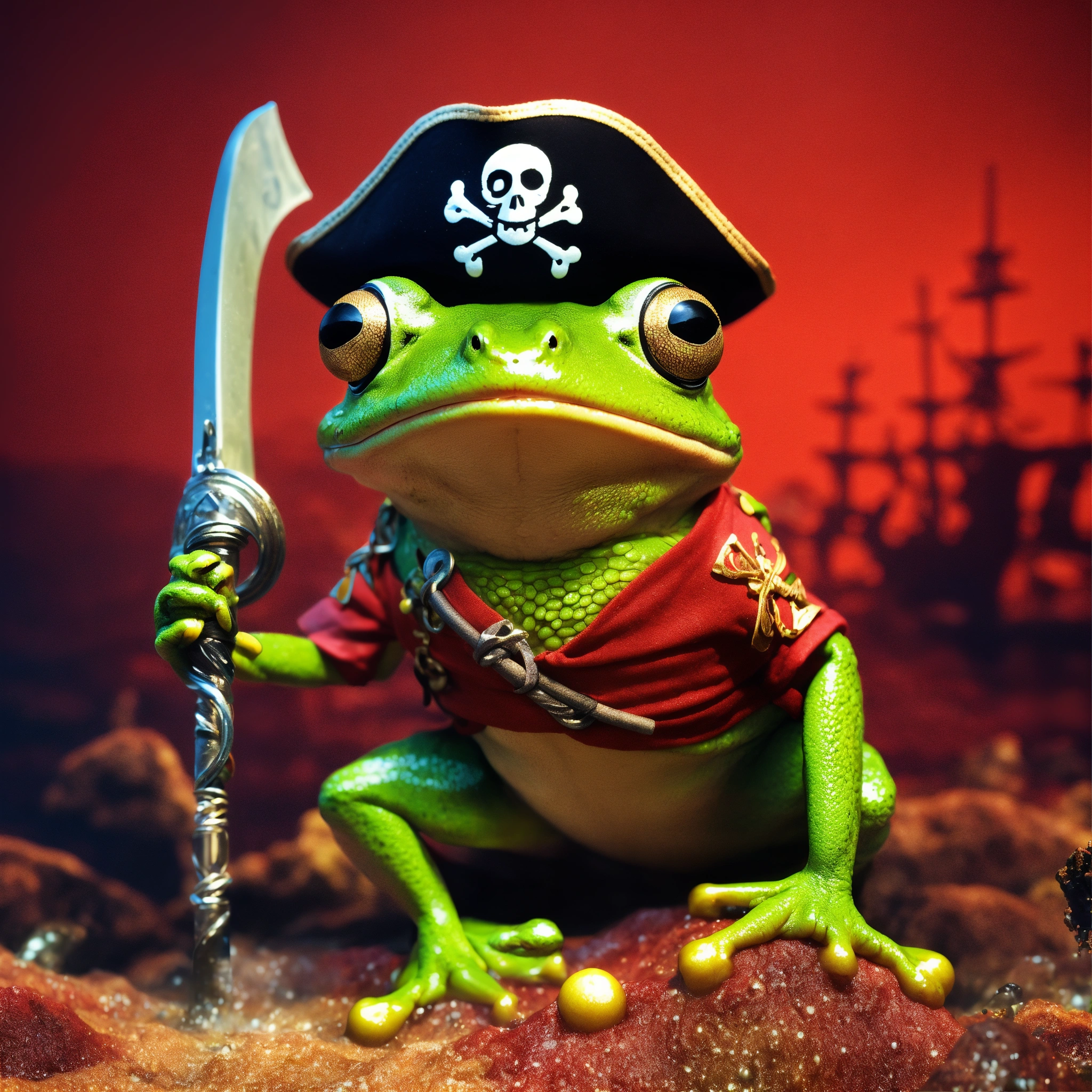 Lexica - Pirate frog, wearing a pirate hat, holding a pirate flag ...