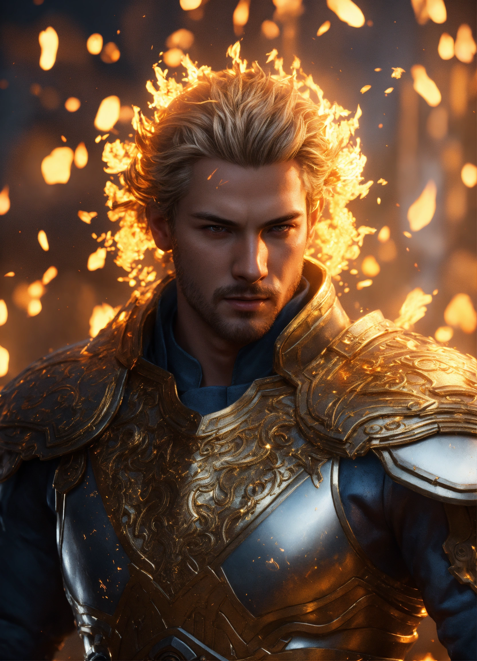 Lexica - "legendary man light god", light hair, embers, sparks, head ...