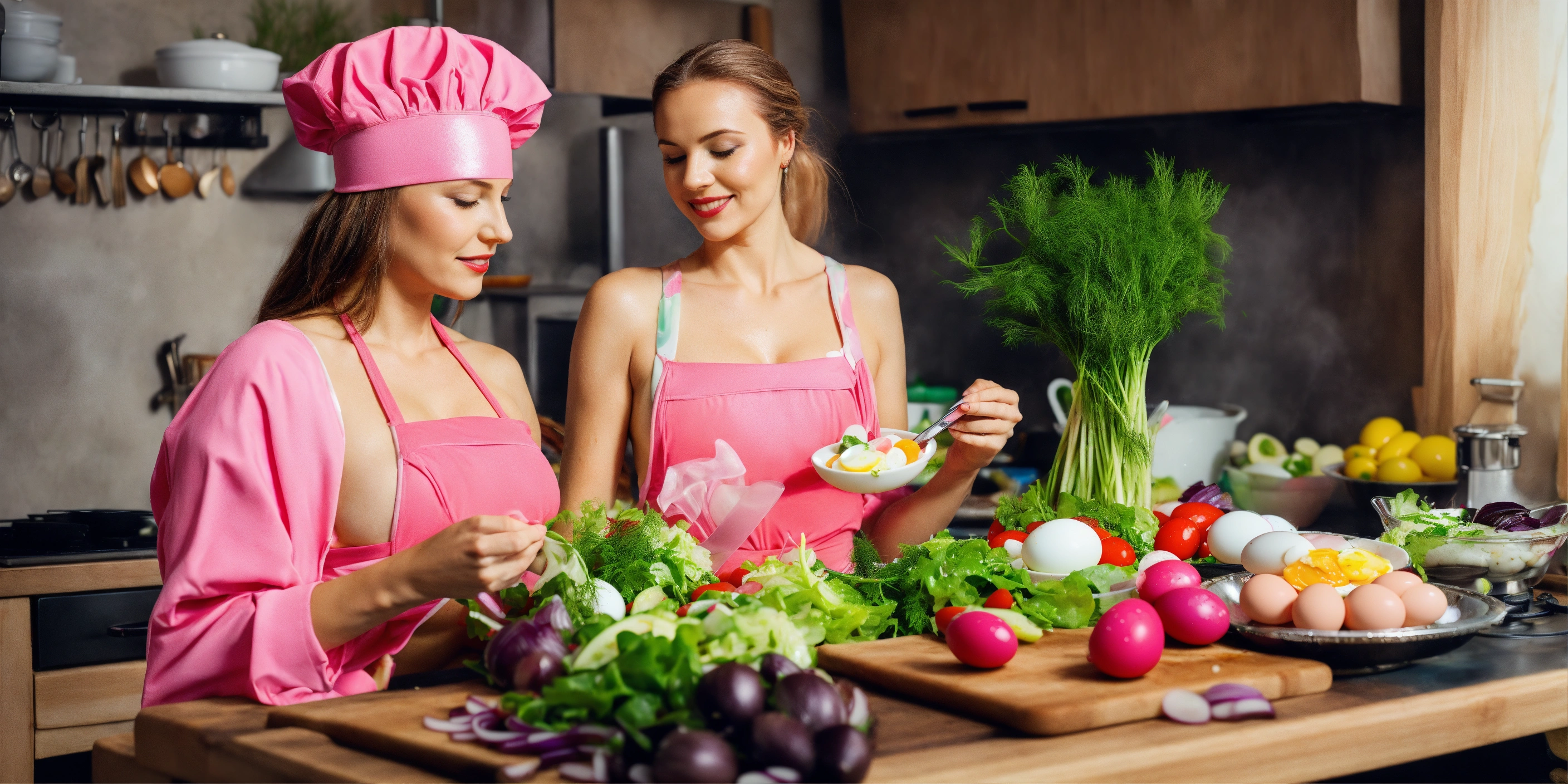 Lexica - Woman in a pink swimming suit cooking, Radish, Hard boiled ...
