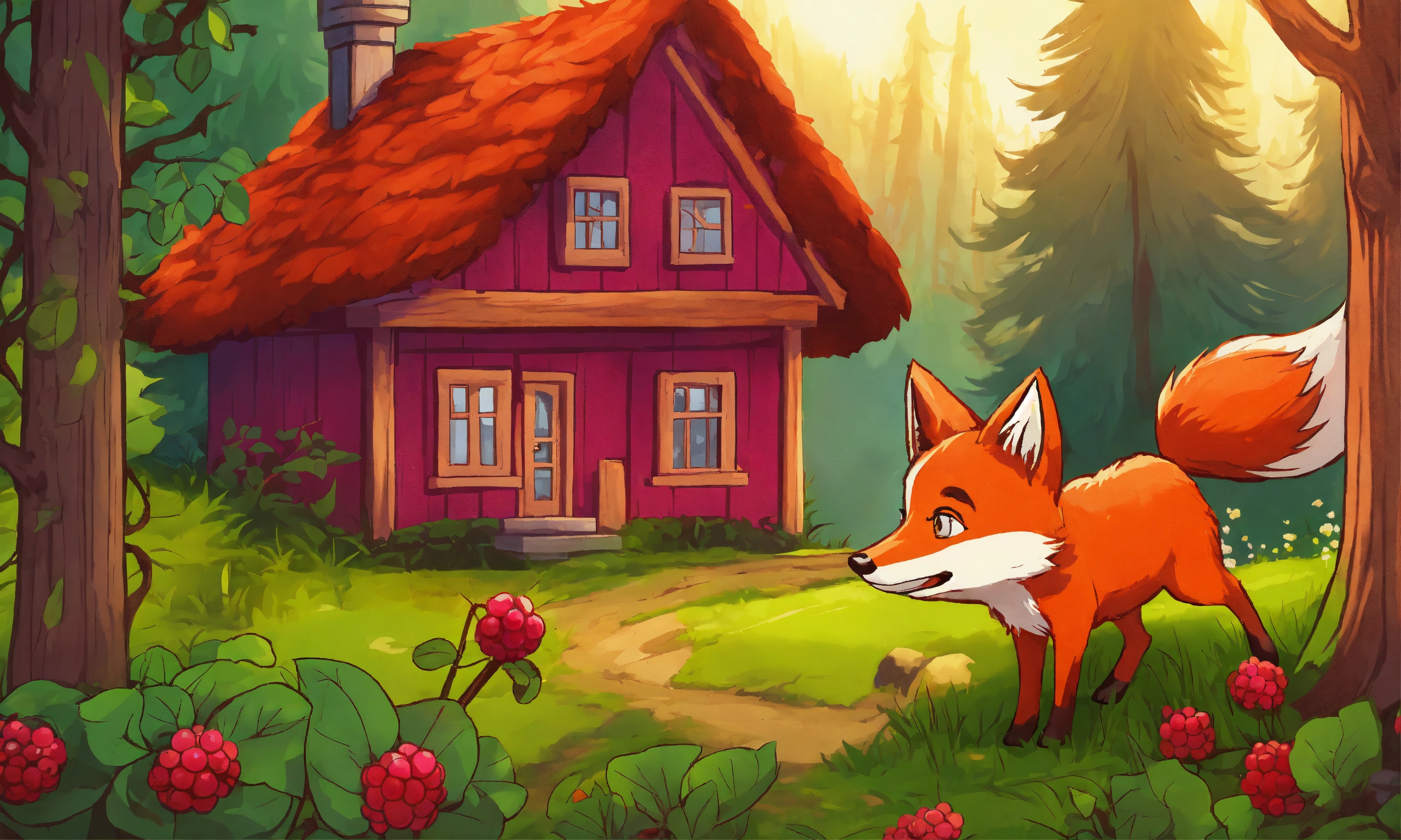 Lexica - Cartoon style. A cute huge fox is sneaking in the raspberry ...