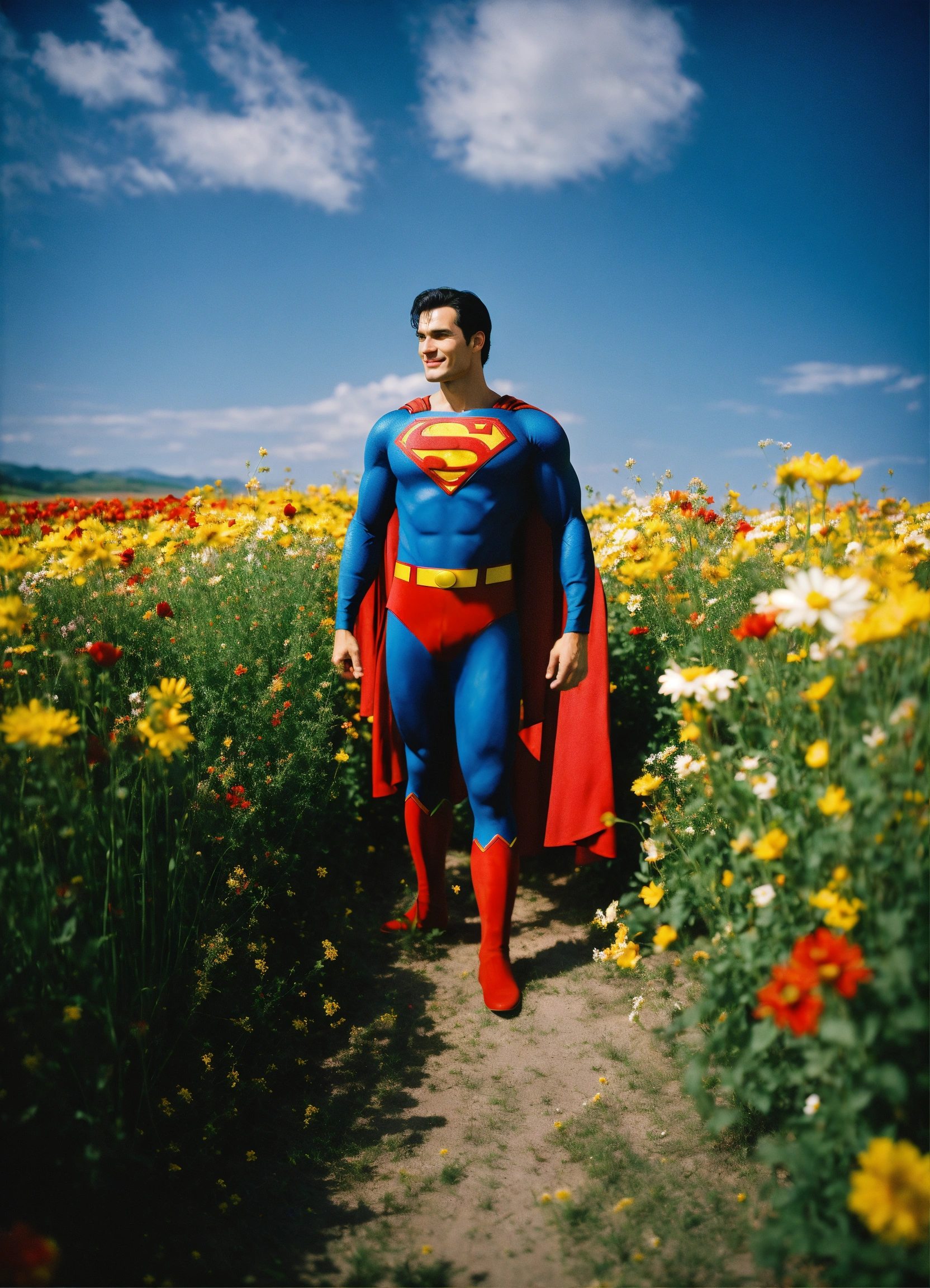 Lexica - Happy Superman standing in a beautiful field of flowers ...
