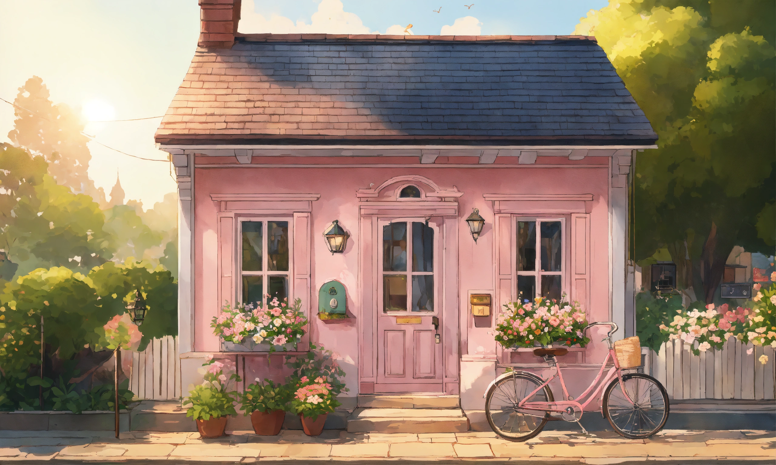 Lexica - Front view of the facade of a small light pink house in the ...