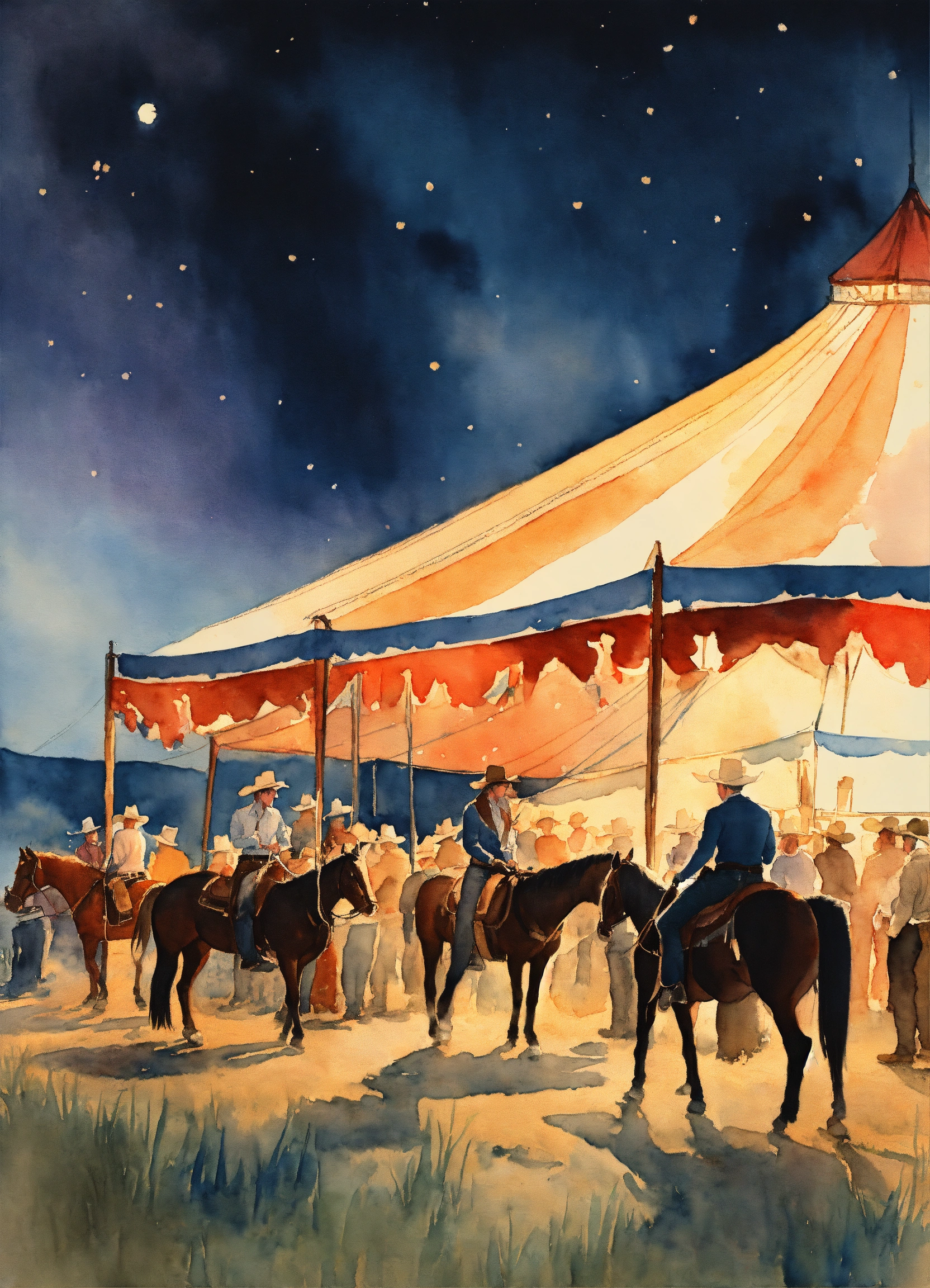 Lexica - A watercolor painting of a Cowboy Revival Meeting, Cowboys on ...