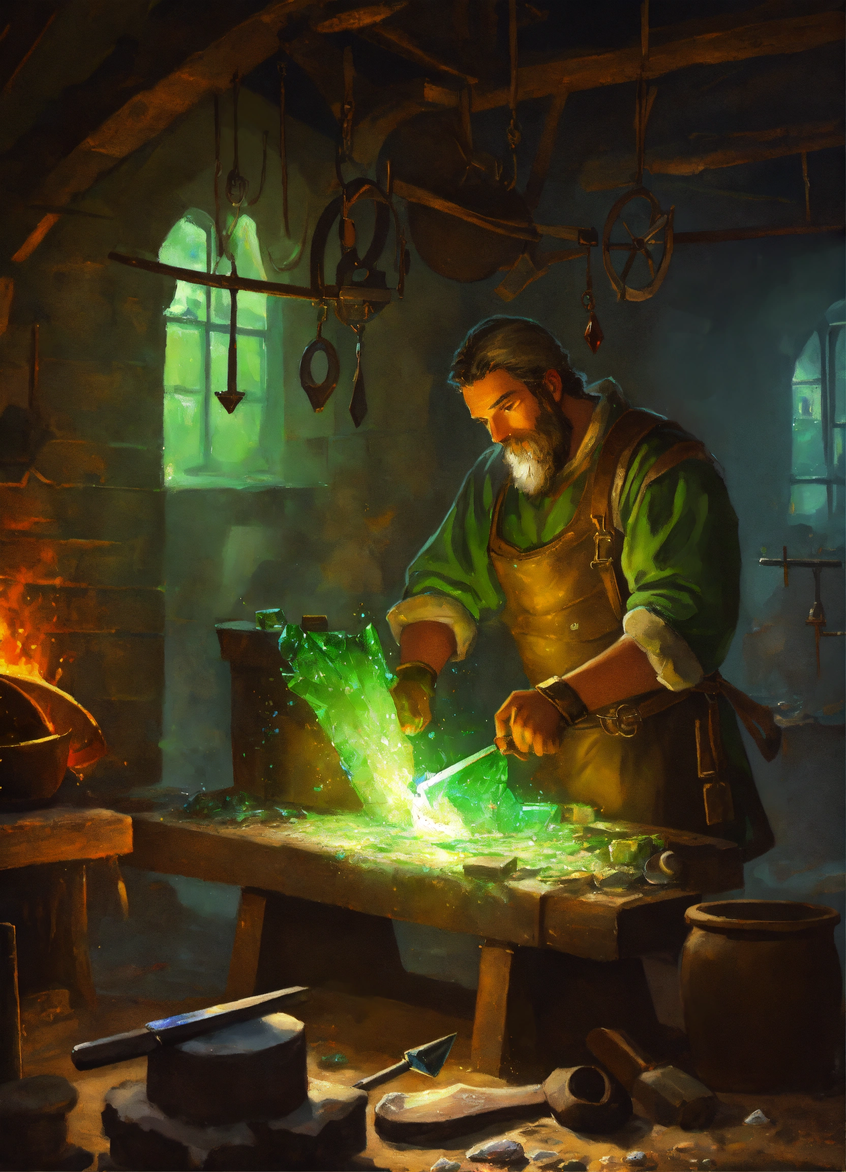 Lexica - Fantasy painting of Medieval Blacksmith, forging a green ...
