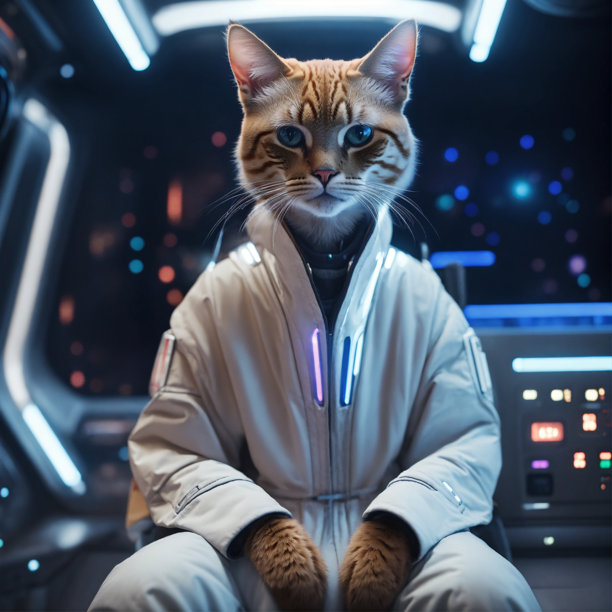 Lexica - Zoom out from a sophisticated cat faced humanoid wearing space ...