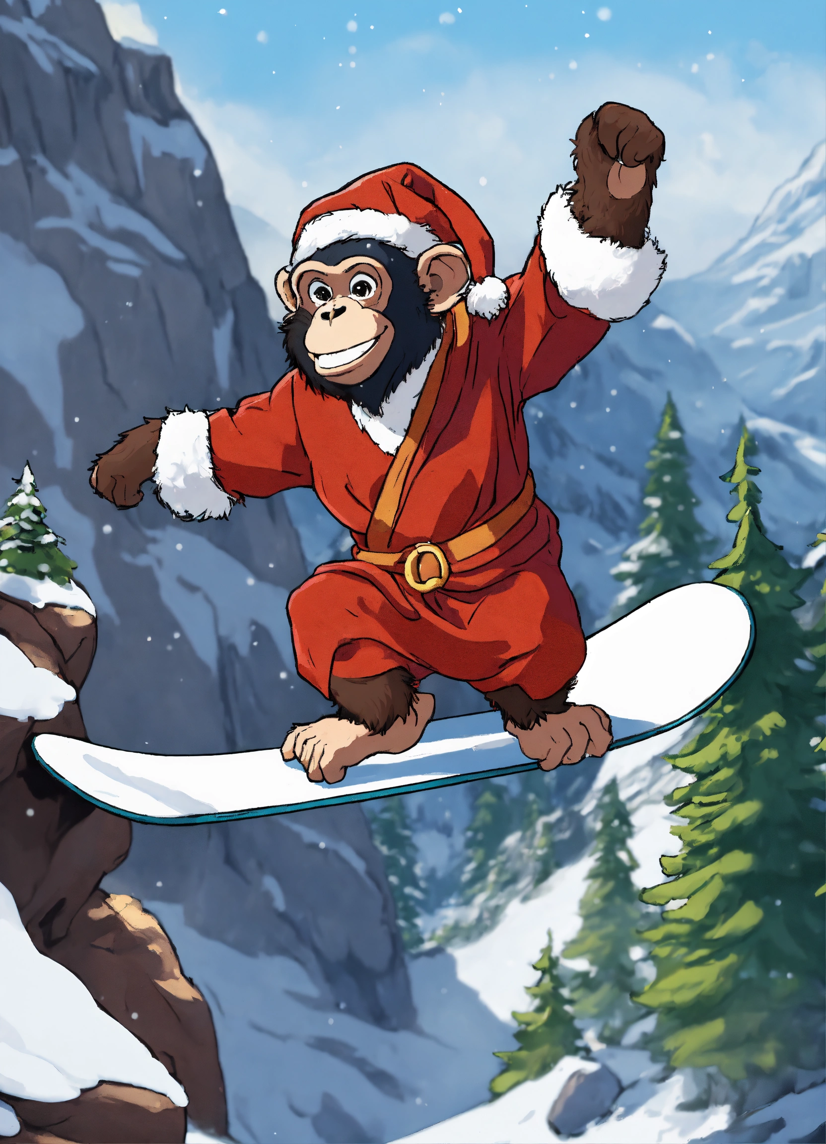Lexica - Cartoon chimp monk wearing a Santa hat snowboarding down a ...