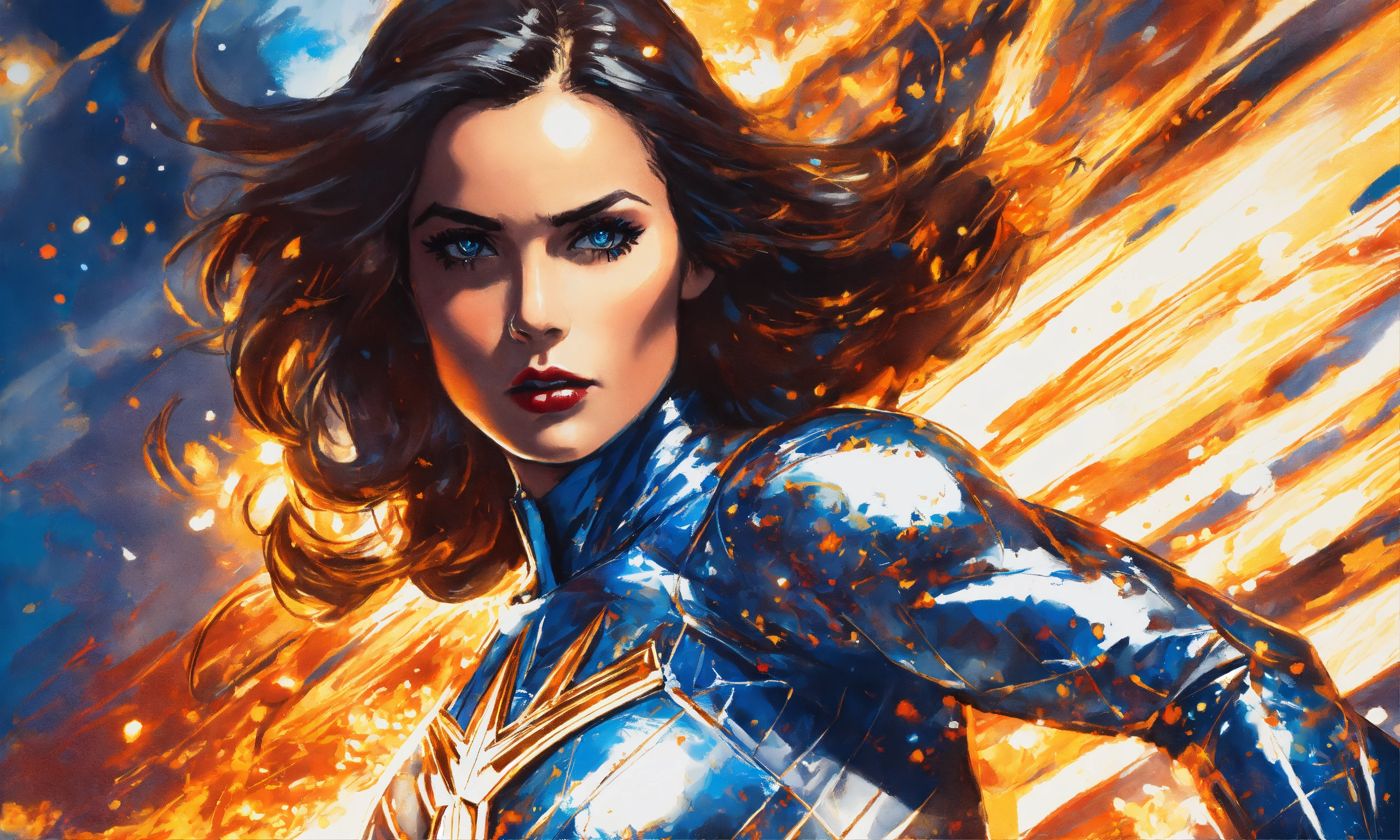 Lexica - Beautiful caped brunette female superhero, action pose, fiery ...