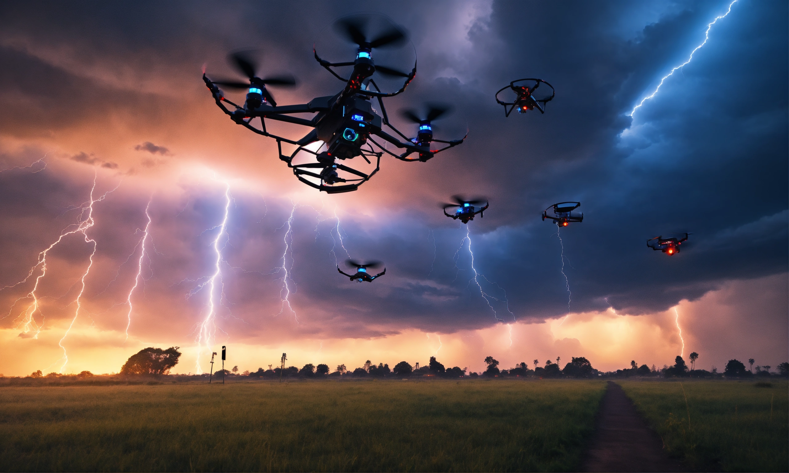 Lexica - Dramatic, blue lightning Style sky full of drones masterpiece ...