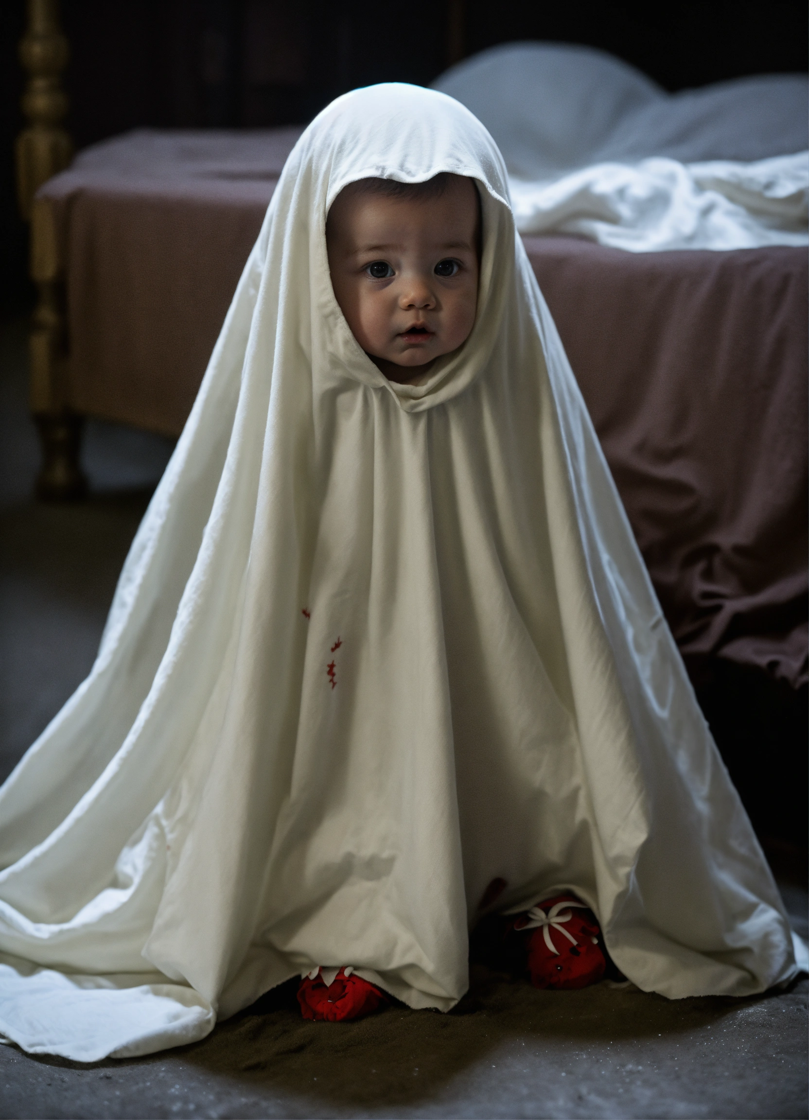 Lexica - A baby creature in a ghost costume. The costume is a white ...