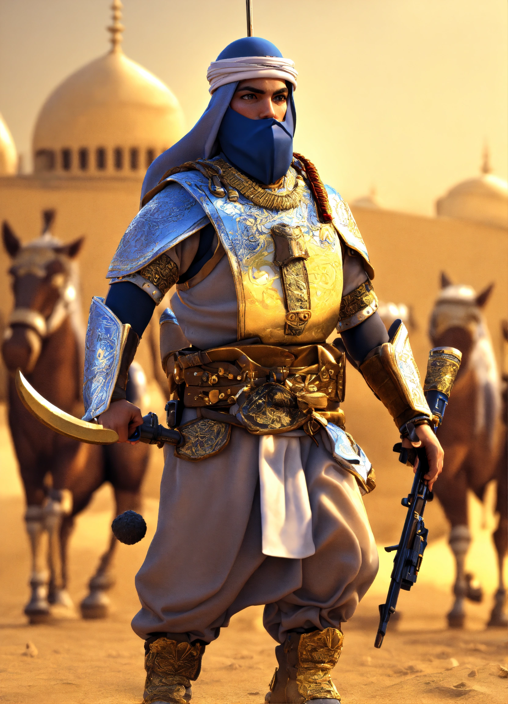 Lexica - Arab, moslem, mascot 3d, fighting, commander, troops