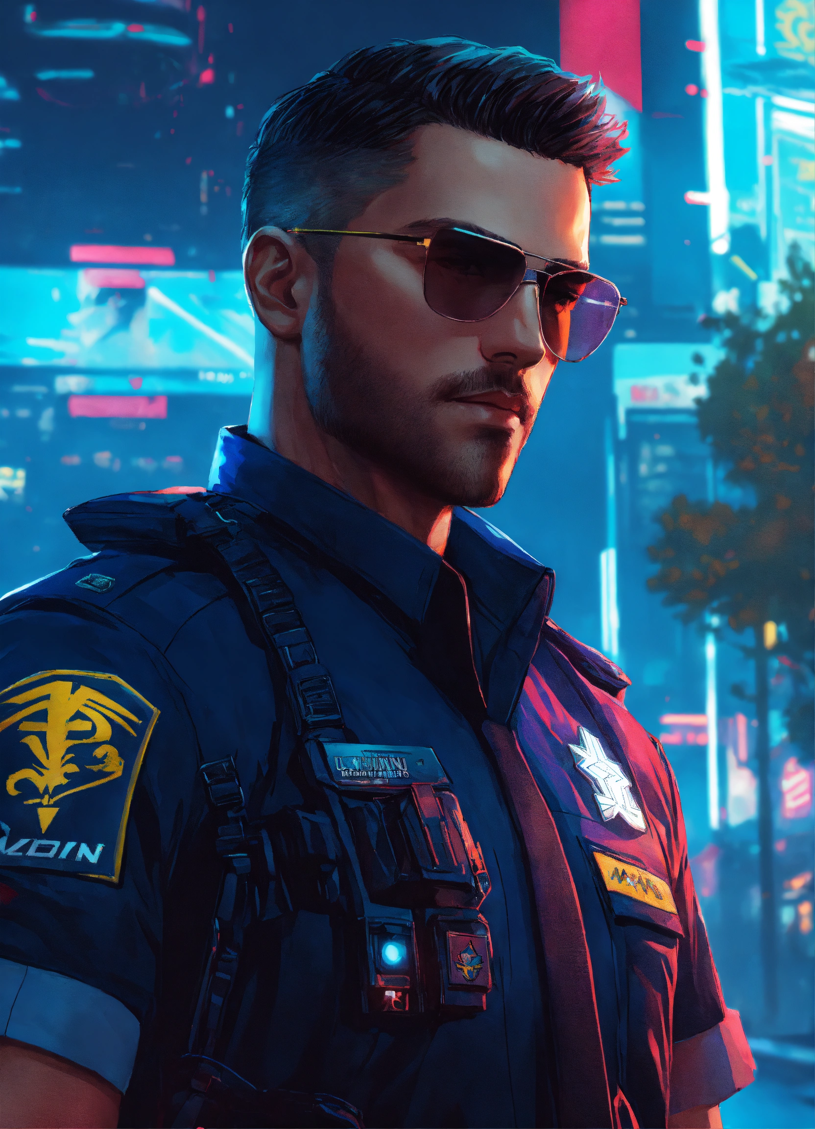 Lexica - Male university cop in dark blue uniform in a park , Cyberpunk ...