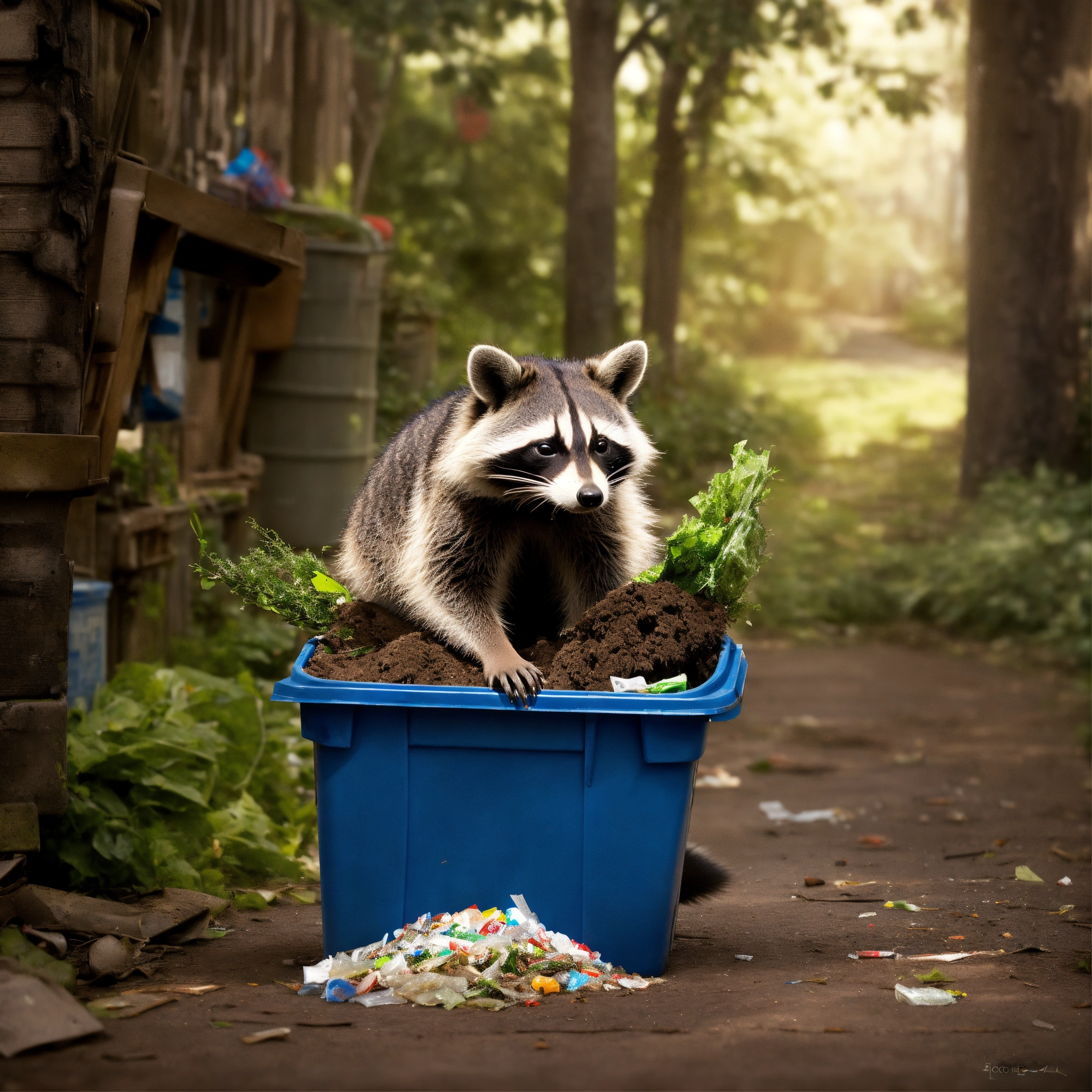 Lexica - A photograph of a raccoon digging through a recycling bin ...