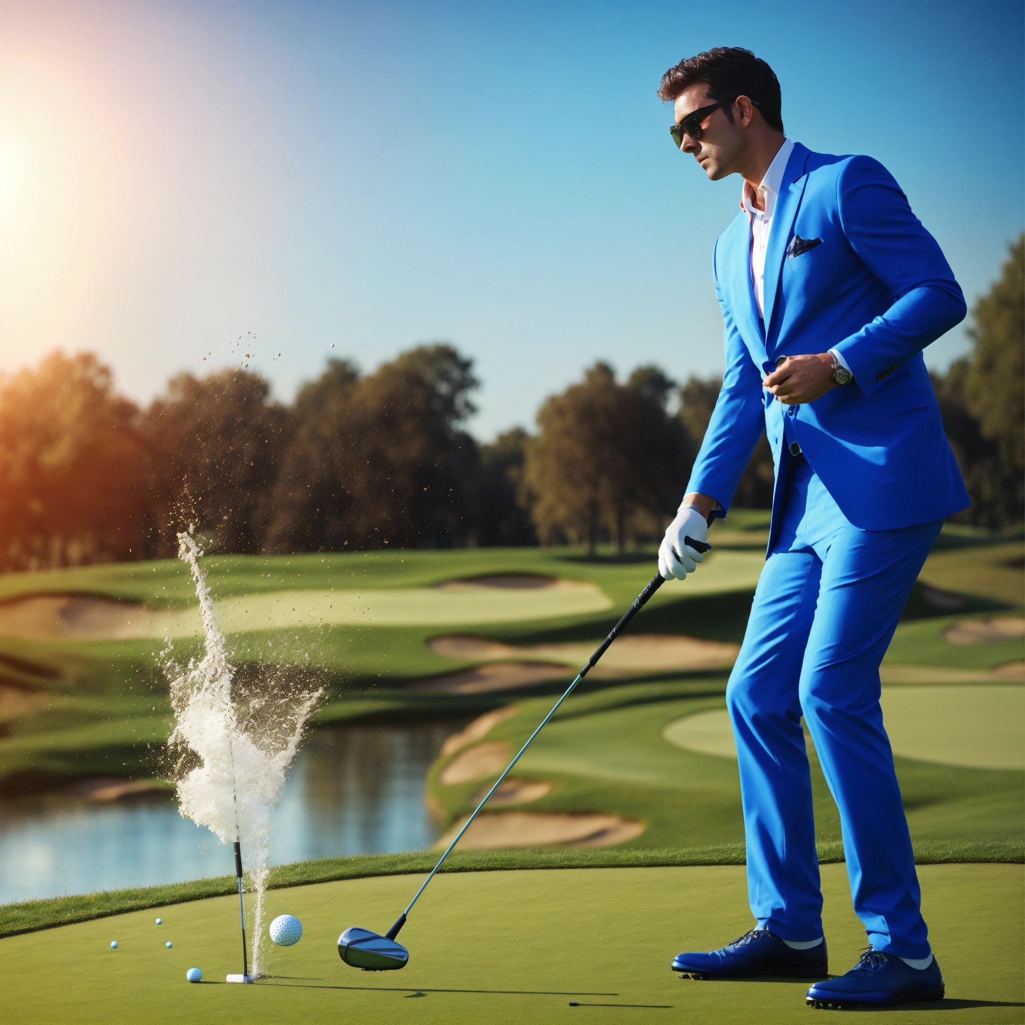 Lexica - 4k hd ultra realistic man blue blazer, sunglasses. Swinging ...