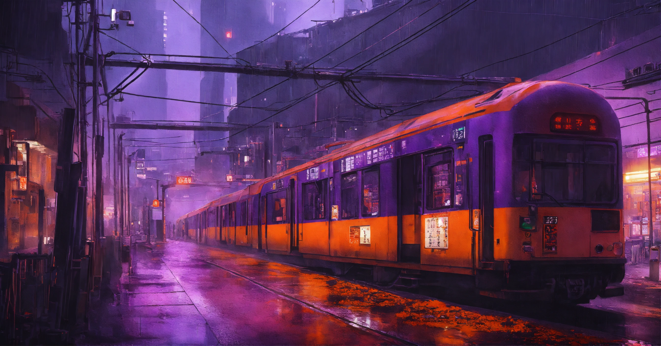 Lexica - Tokyo underground, post-apocalyptic, rainy mood, purple, orange.