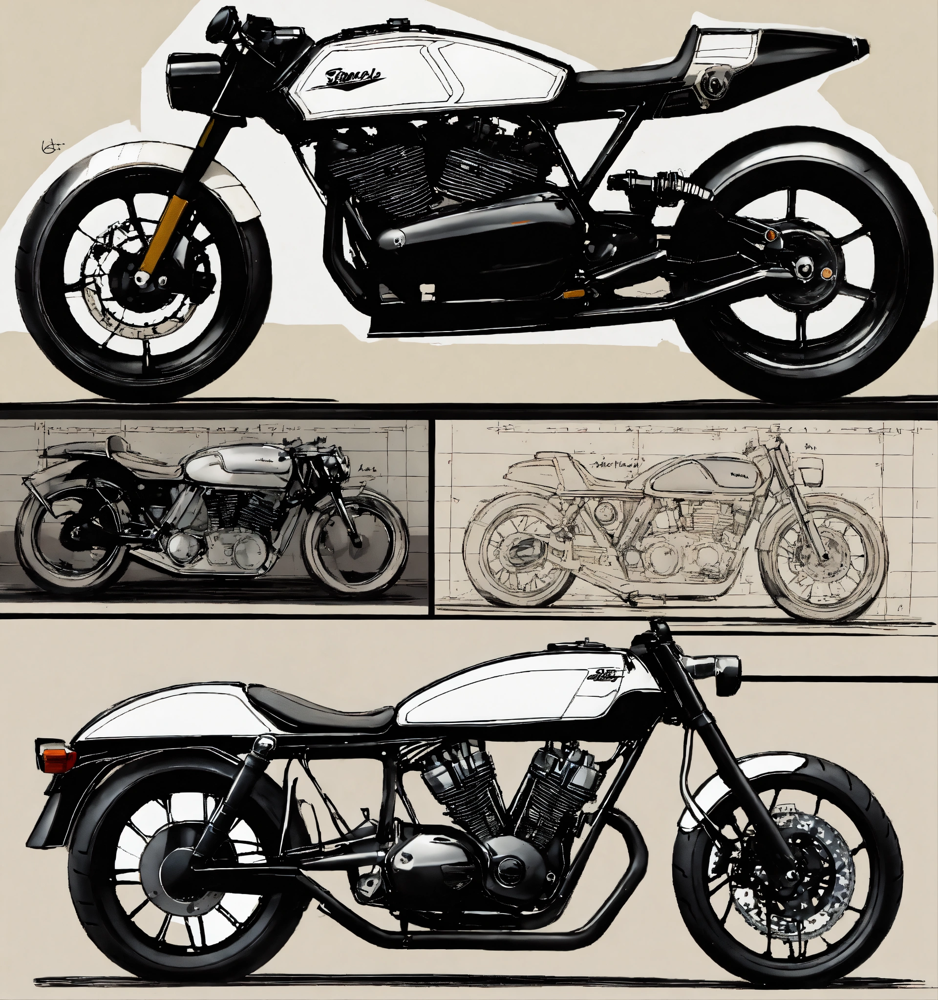Lexica - Designing motorcycles, ebony hues, designing sheet, sketch out ...