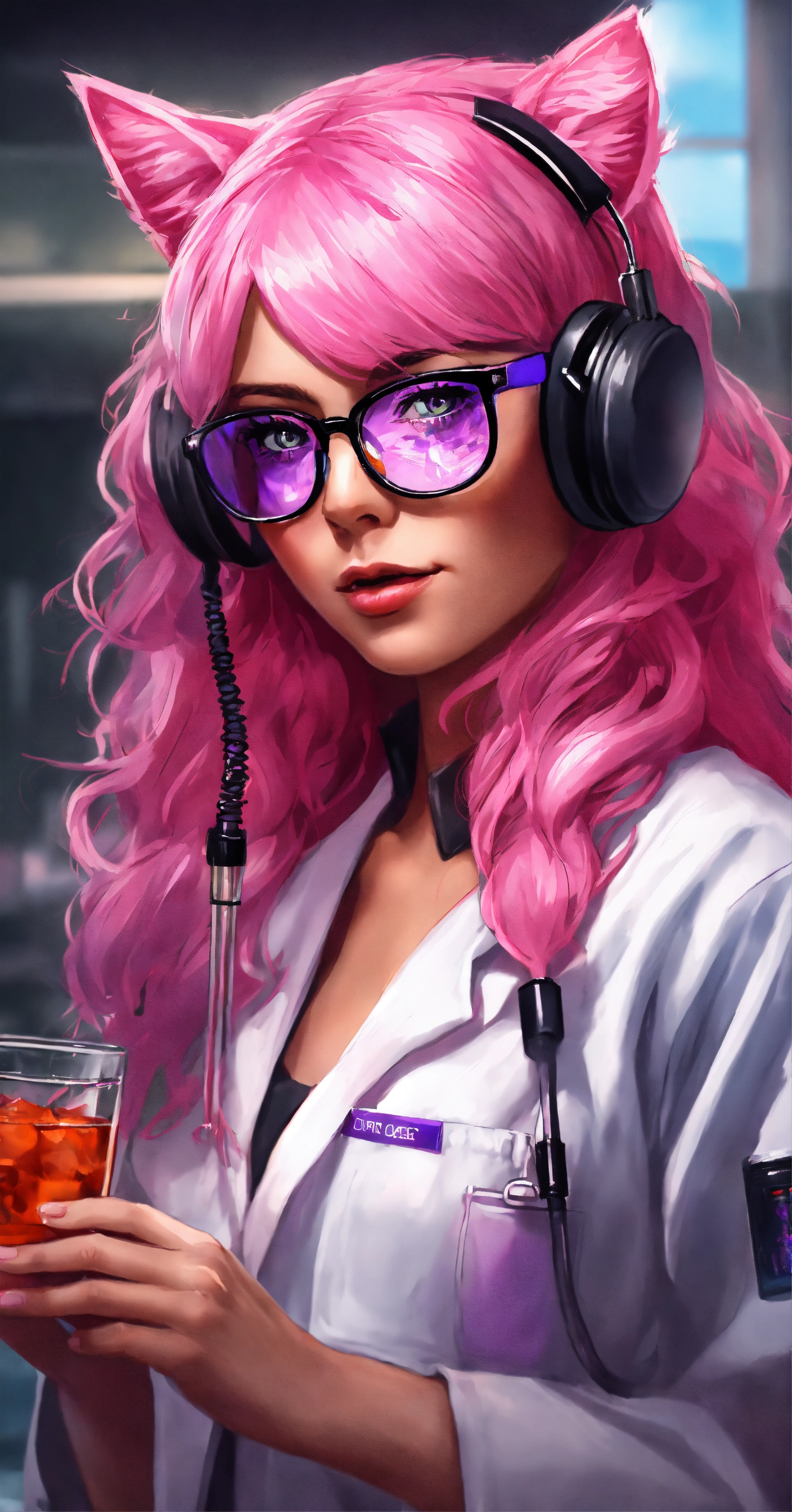 Lexica - Female doctor, with long pink hair, with cat ears disguise ...