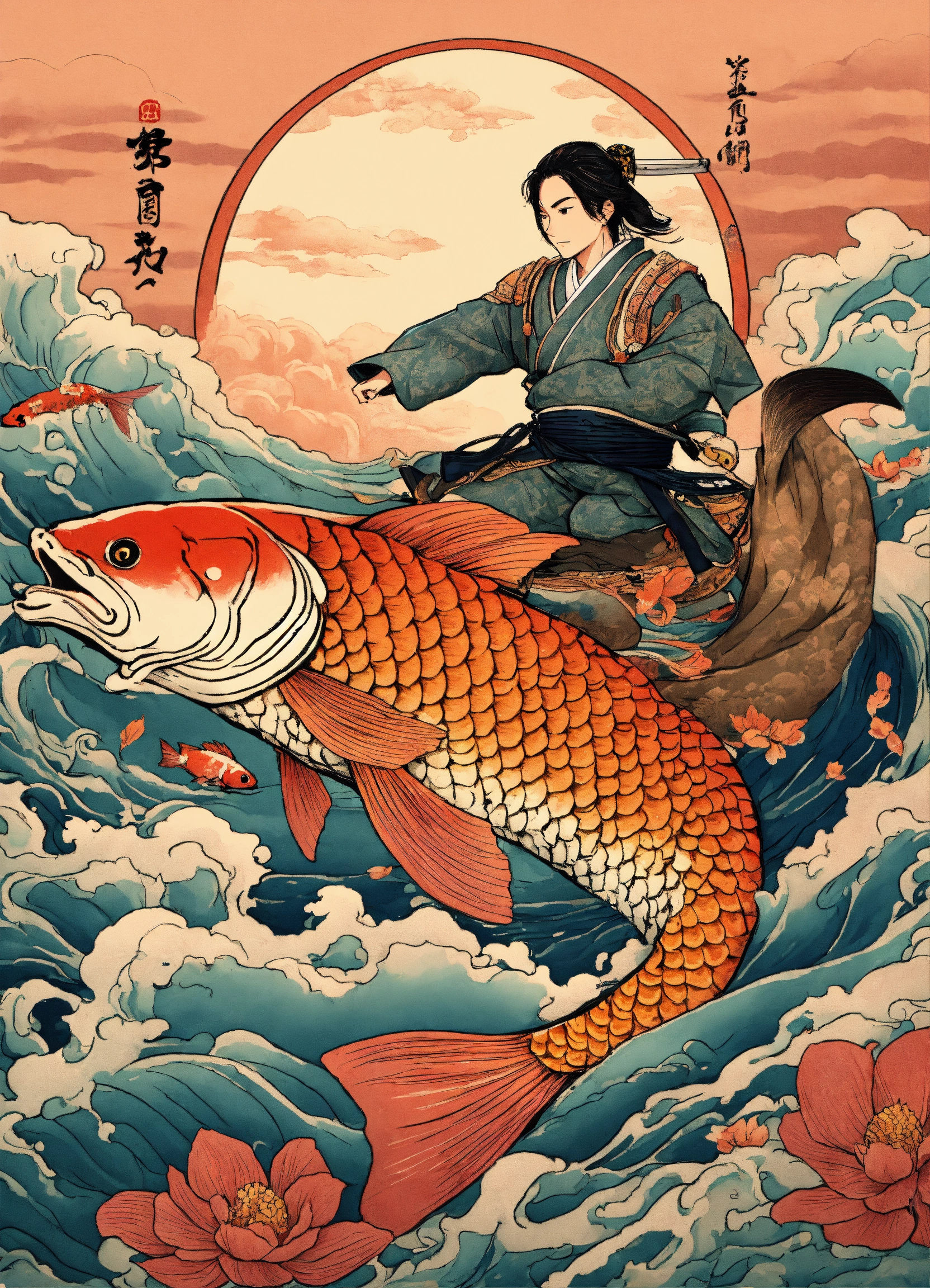 Lexica - T-shirt design, samurai cat riding on a big carp koi, by Kanō ...