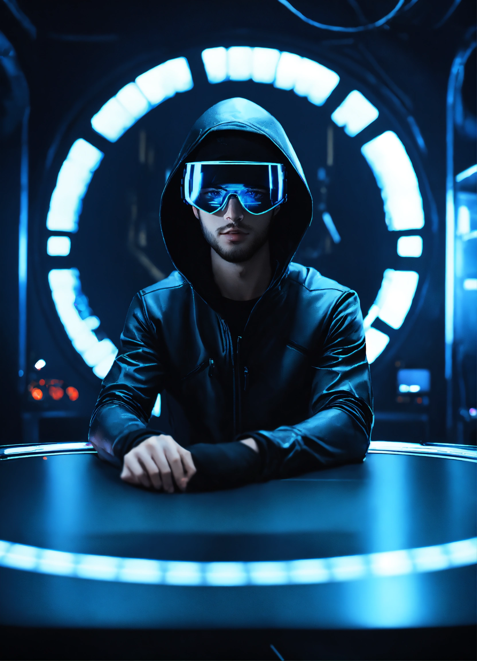 Lexica - Nerdy 25 year old male hacker wearing hi-tech tinted visor ...