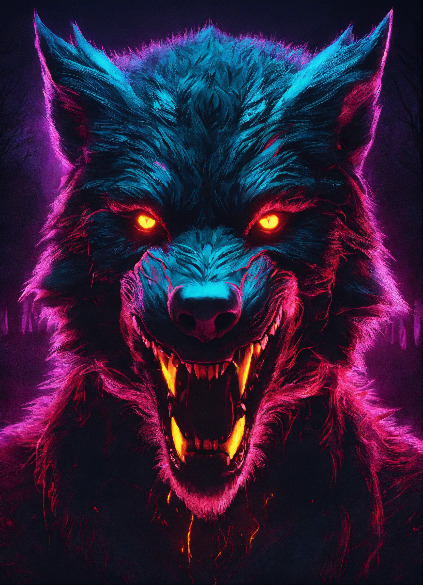 Lexica - Werewolf face in the forest, neon lights, ultra definition PNG