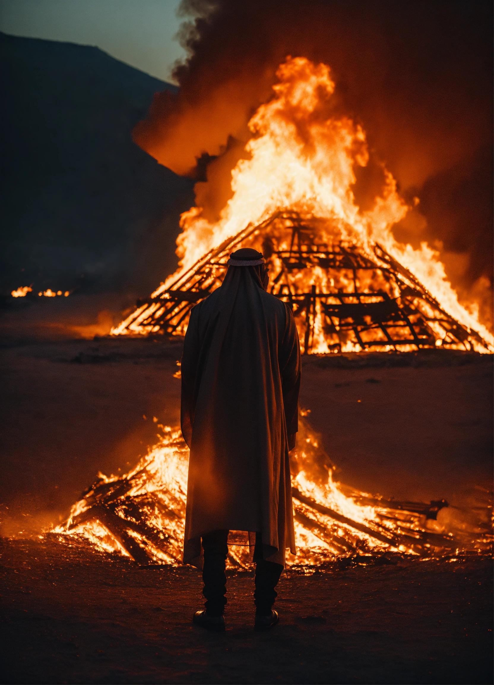 Lexica - An arab man crying for salvation, burning town behind him ...