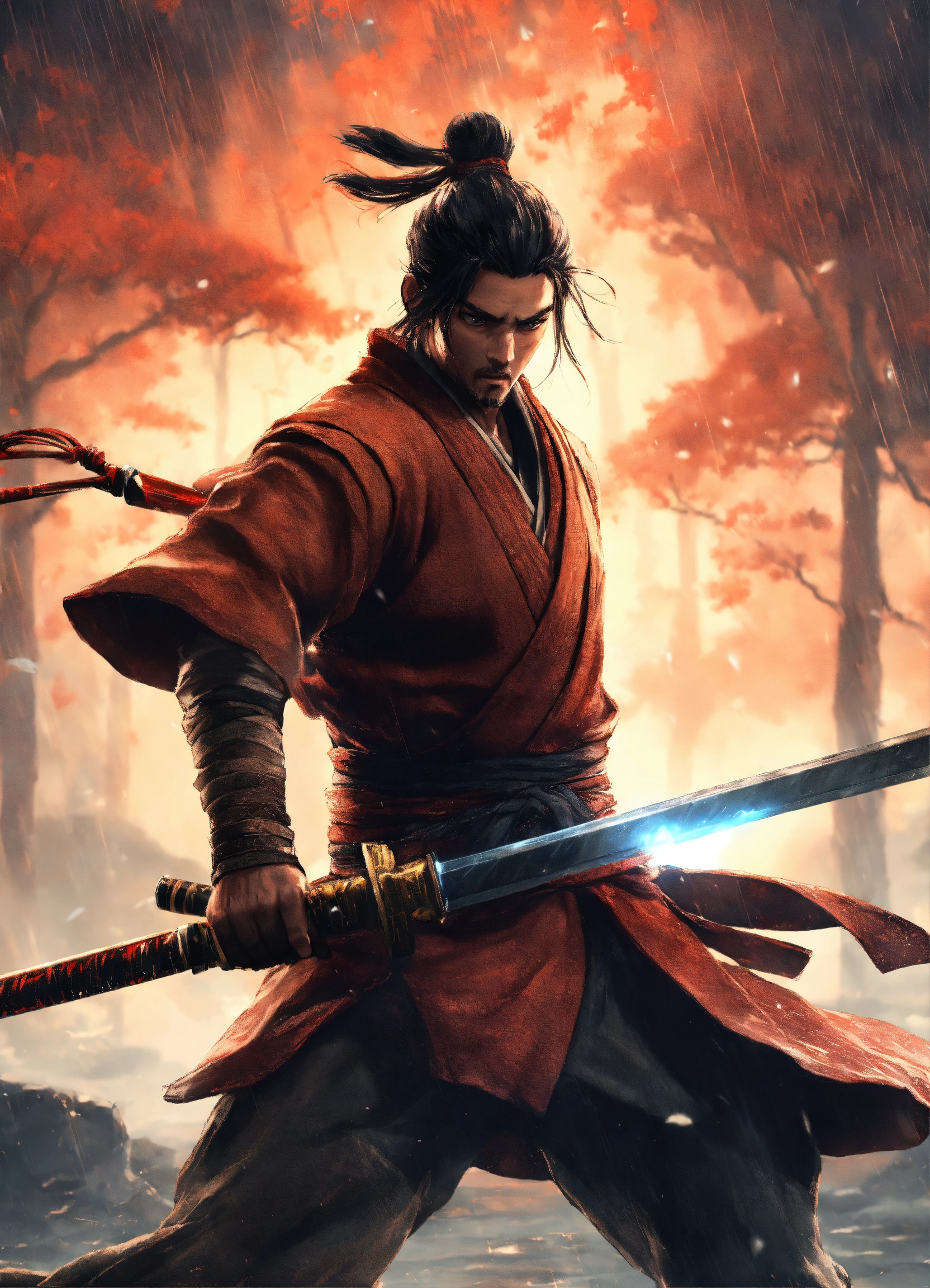 Lexica - Animated. Sekiro with laser sword in a storm.