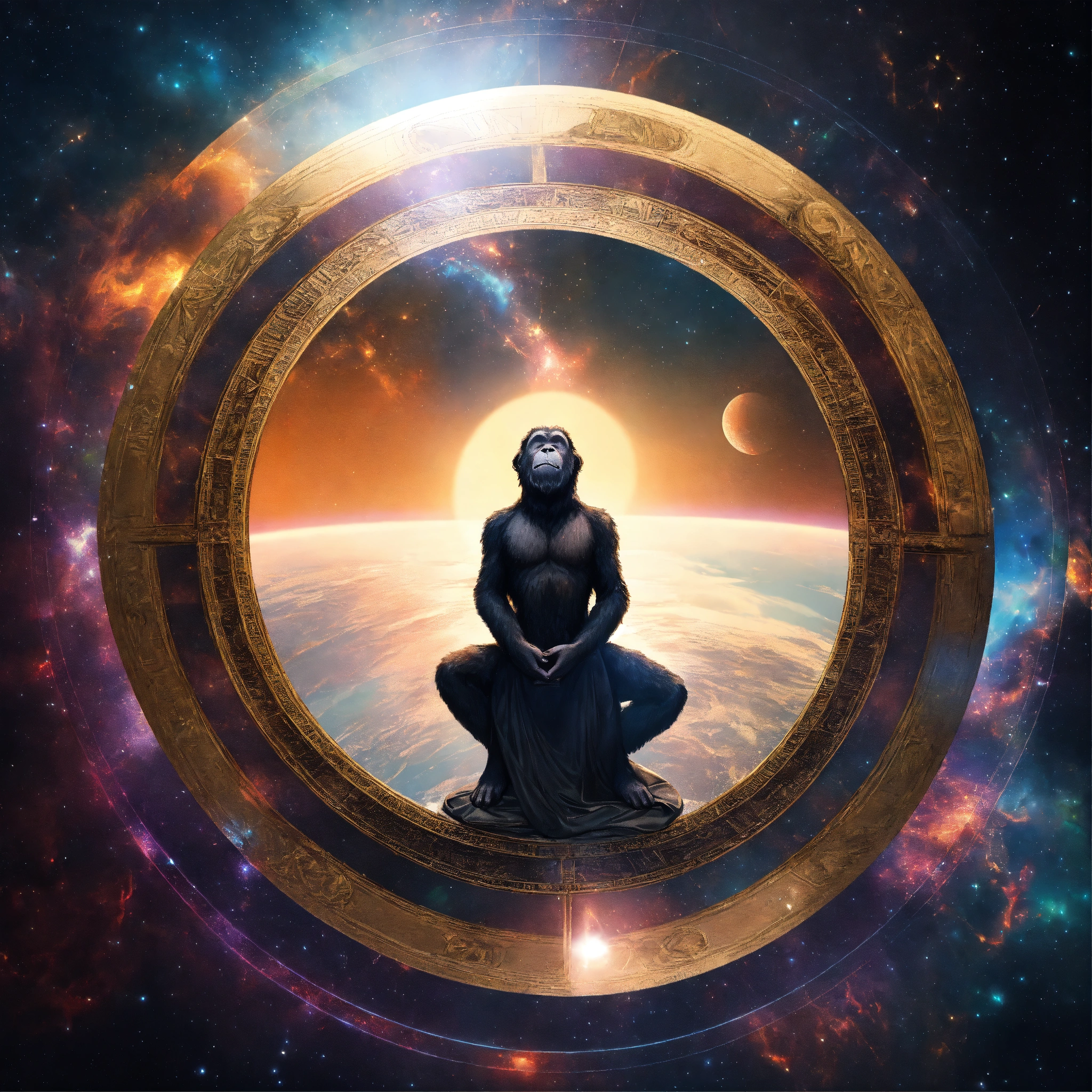 Lexica - Apes praying to a human god in space, in circle image ...
