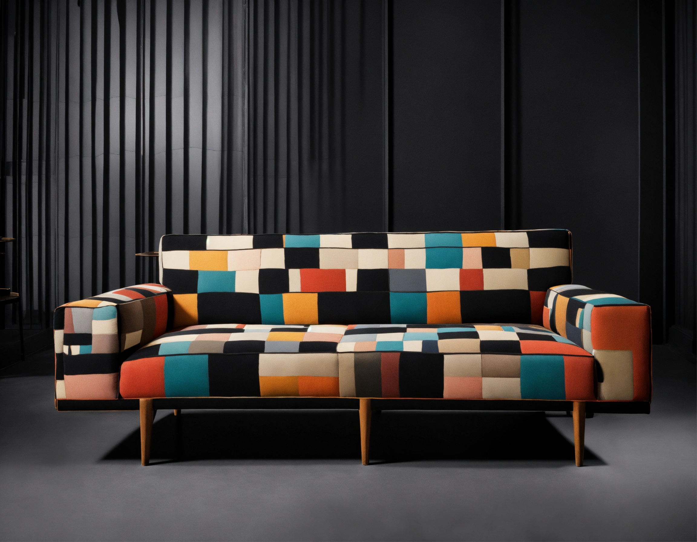 Lexica - Cubist sofa in René Magritte design on black background